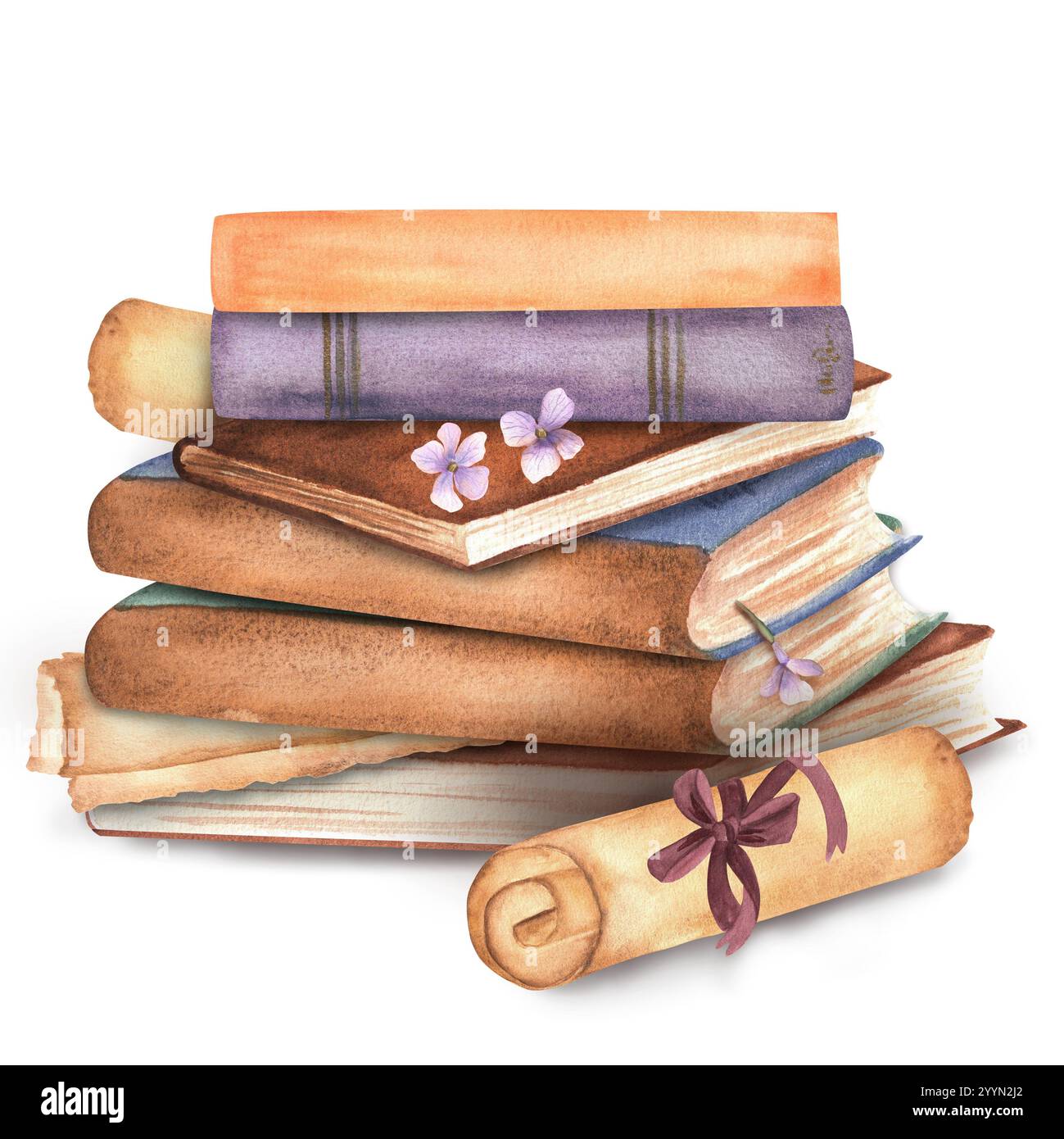 A pile of books with scrolls and lilac flowers. Clipart elements on the ...