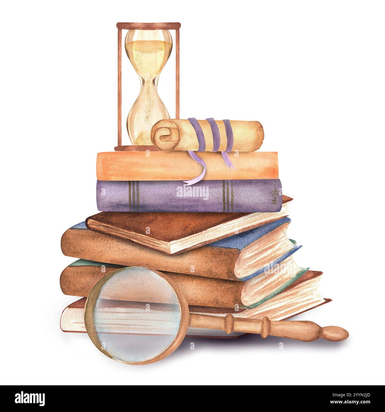 A pile of books with scroll, hourglass on top and magnifying glass ...