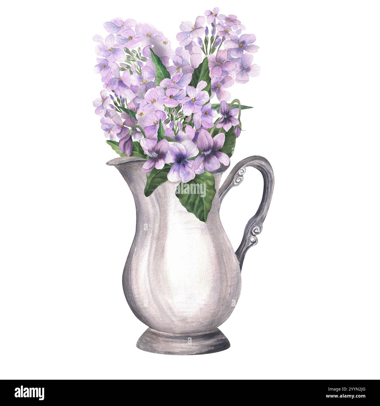 Vintage silver jug full of garden flowers. Hesperis matronalis (dame's ...
