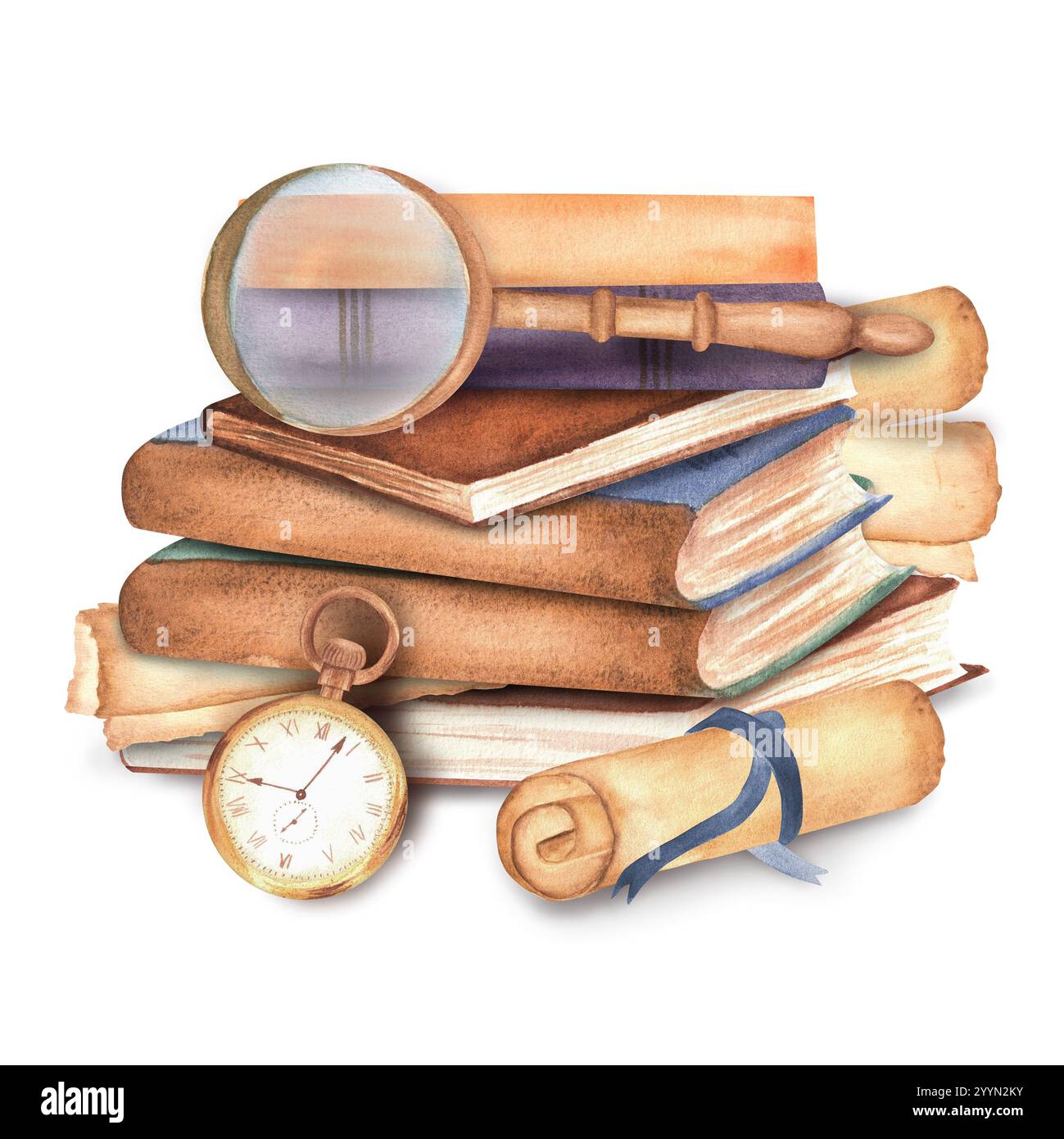 A pile of books with scroll, magnifying glass on top and pocket watch ...