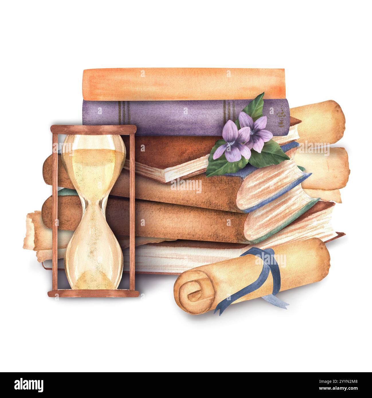 Books with paper scroll, hourglass and violet flowers. Clipart elements ...