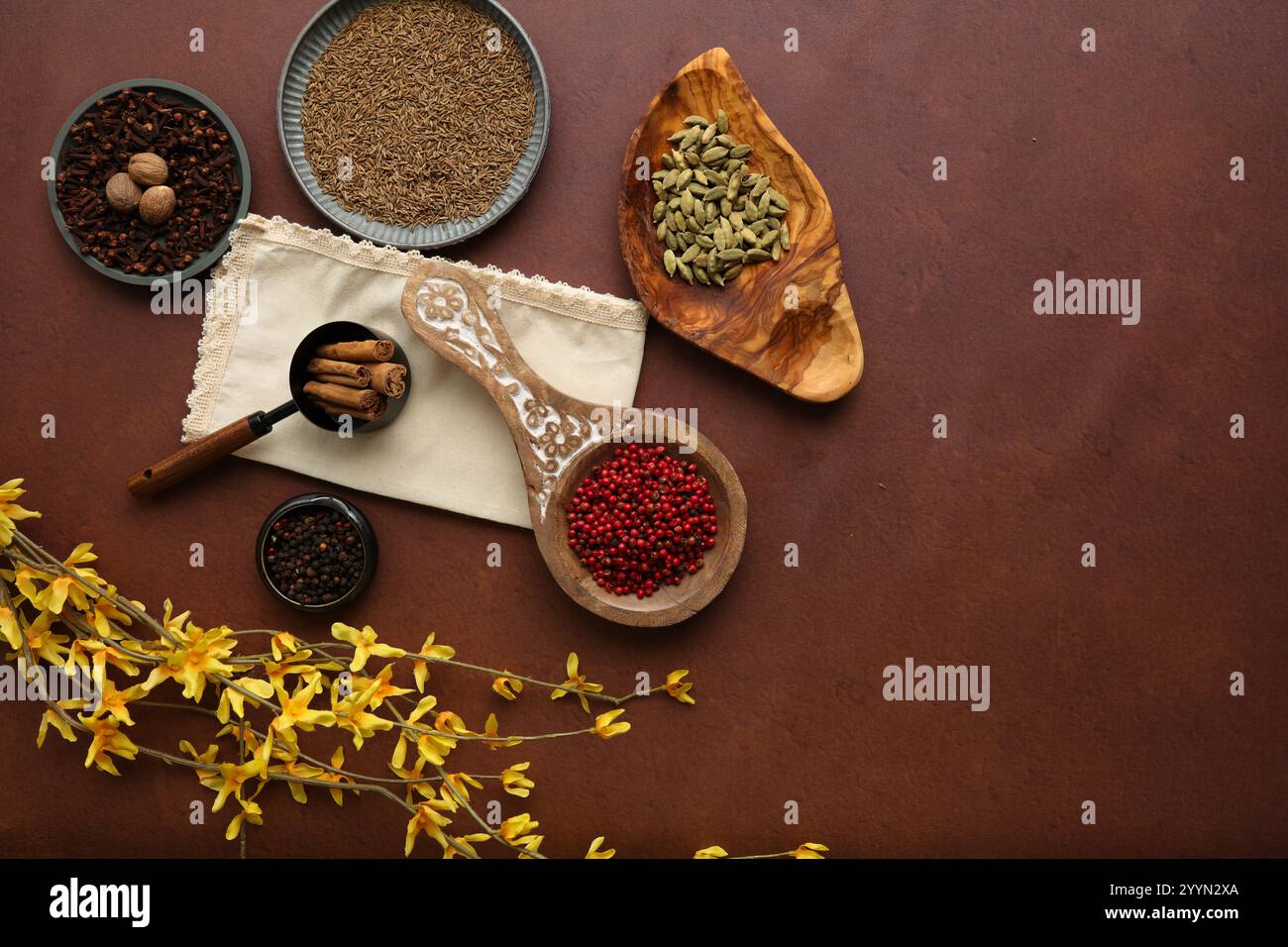 A collection of aromatic spices for eastern cooking and displayed in a ...