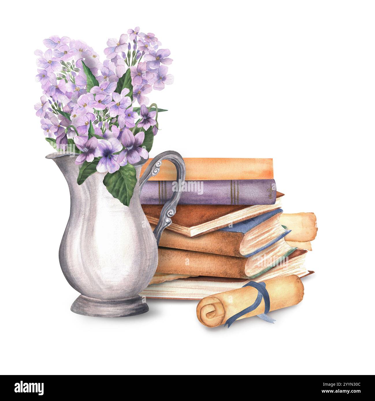 Vintage silver jug with Hesperis matronalis (dame's rocket, sweet ...