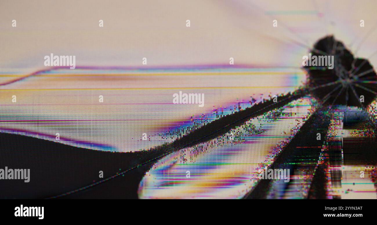 Broken pixel. Grunge fluid. Black liquid spills under damaged glass ...