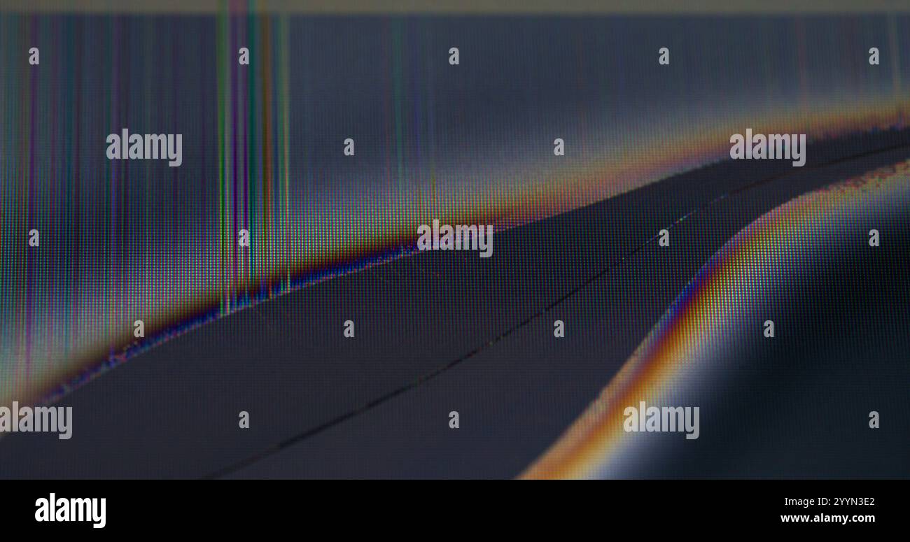 Broadcast damage. Glitch distortion. Black curve line crack on static ...