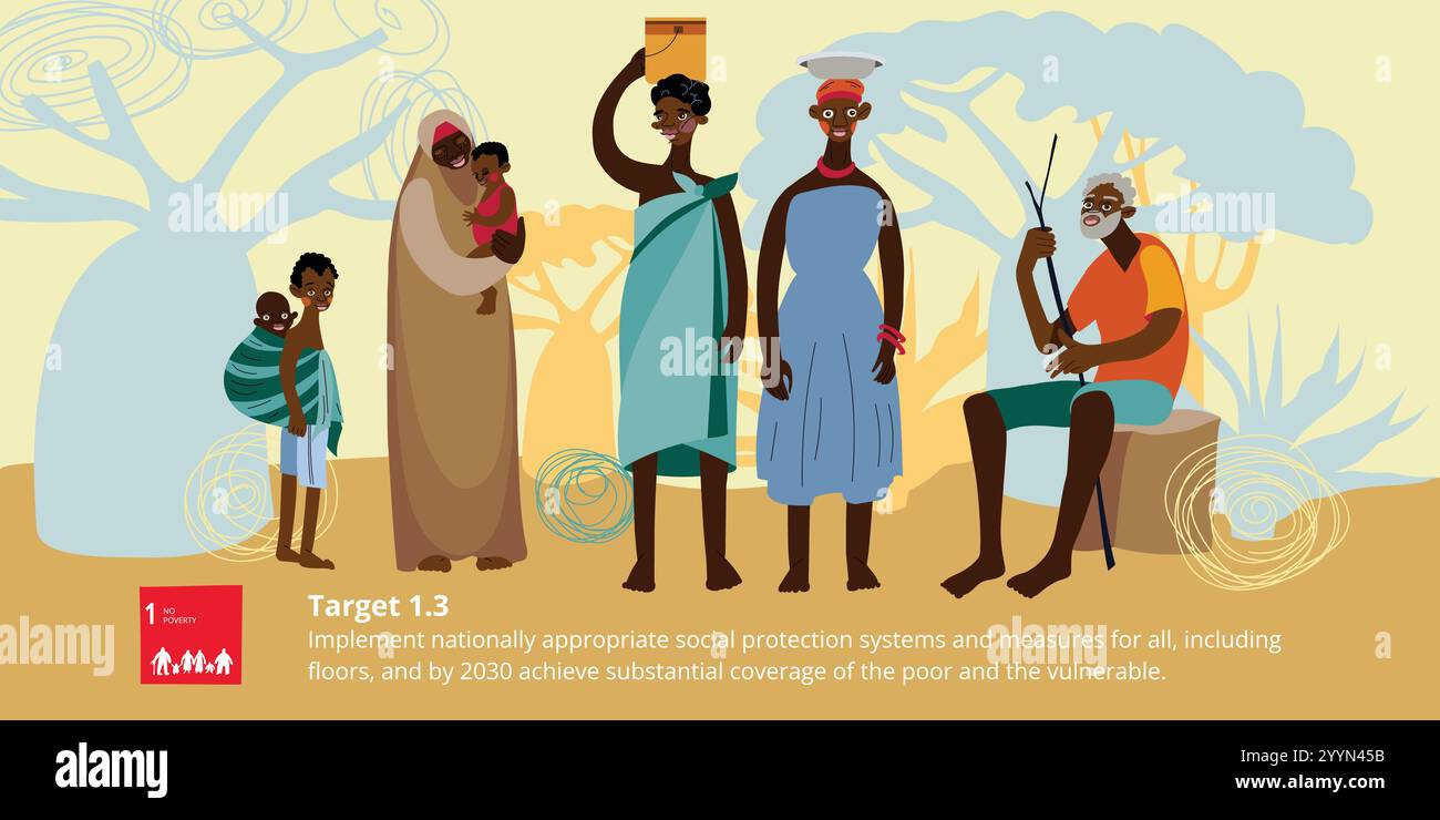 SDG 1 - No Poverty vector peolple groupe Illustration. Africa landscape ...