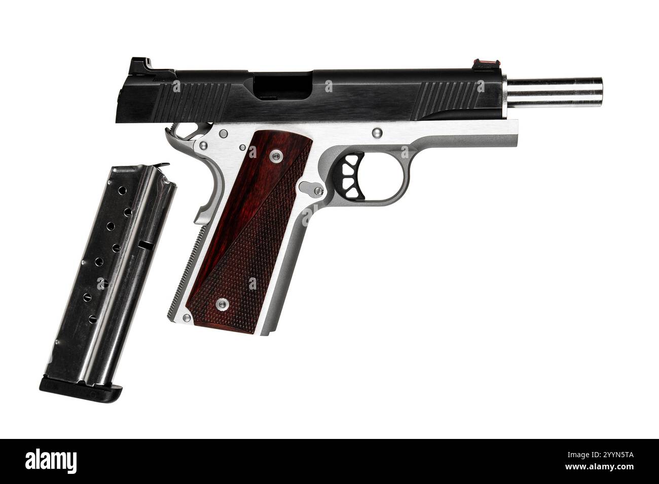 Modern semi-automatic handgun with wooden grips on a white background ...