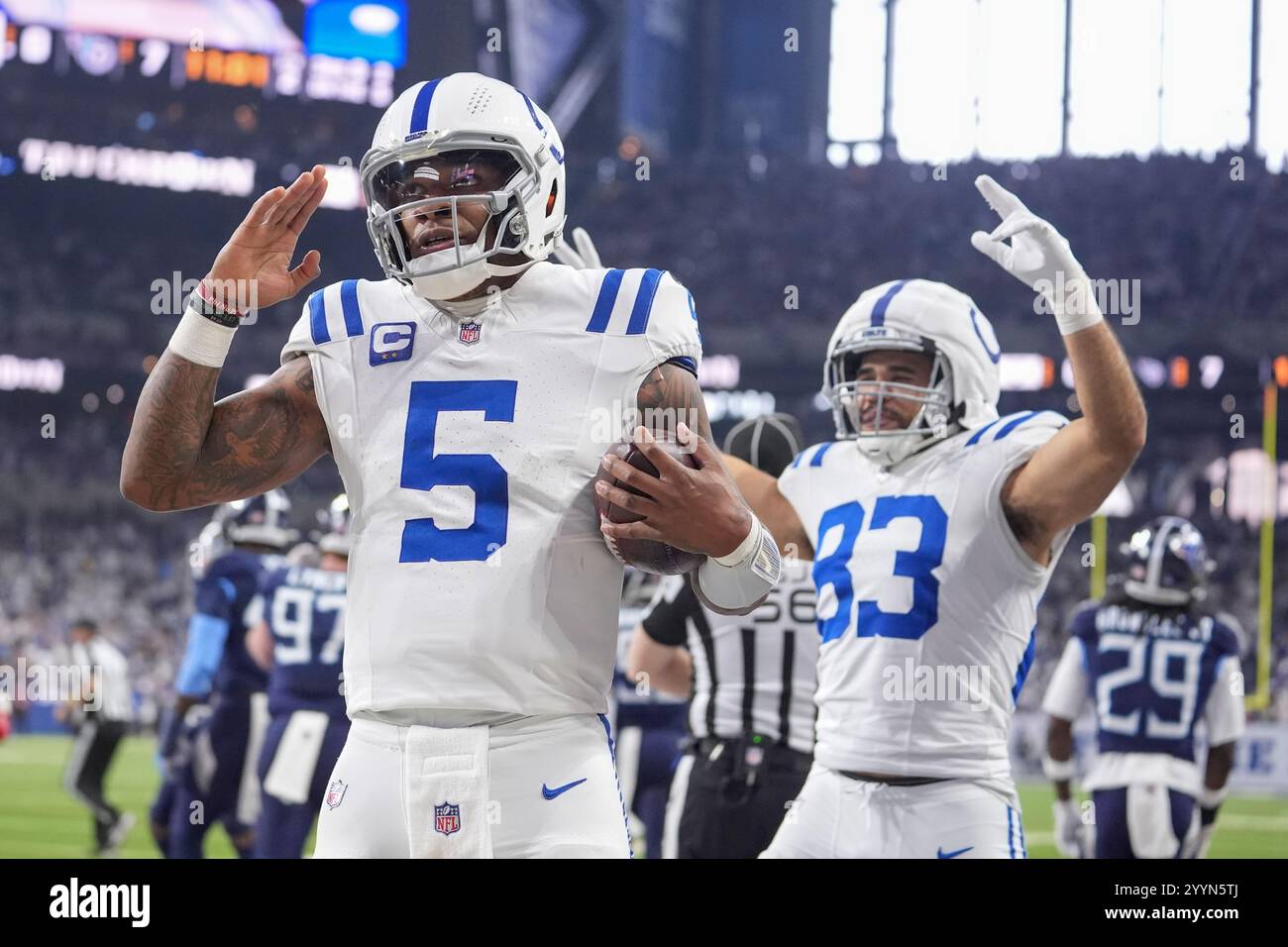 Indianapolis Colts quarterback Anthony Richardson (5) celebrates his ...