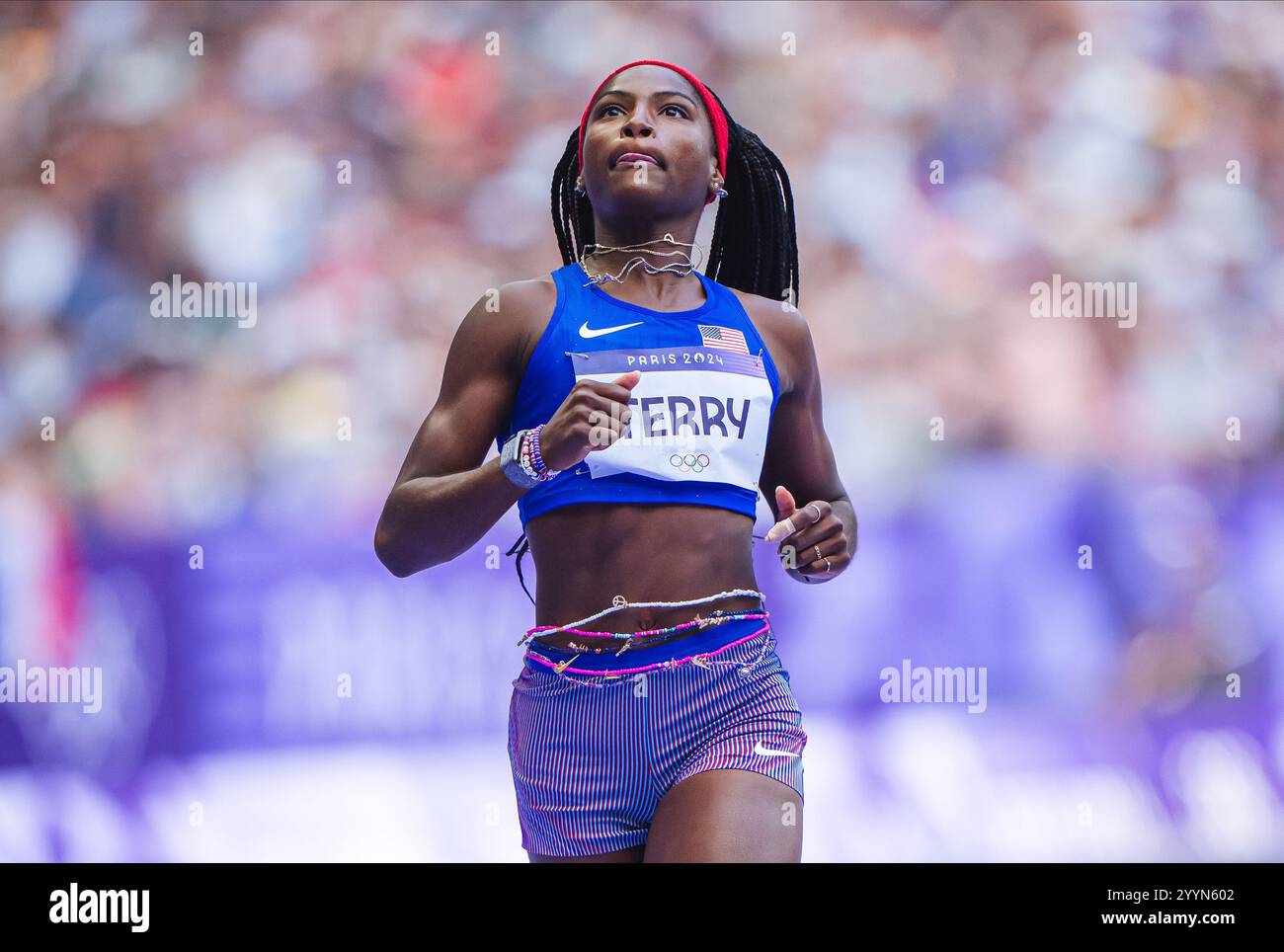 Twanisha Terry participating in the 100 meters at the Paris 2024 ...