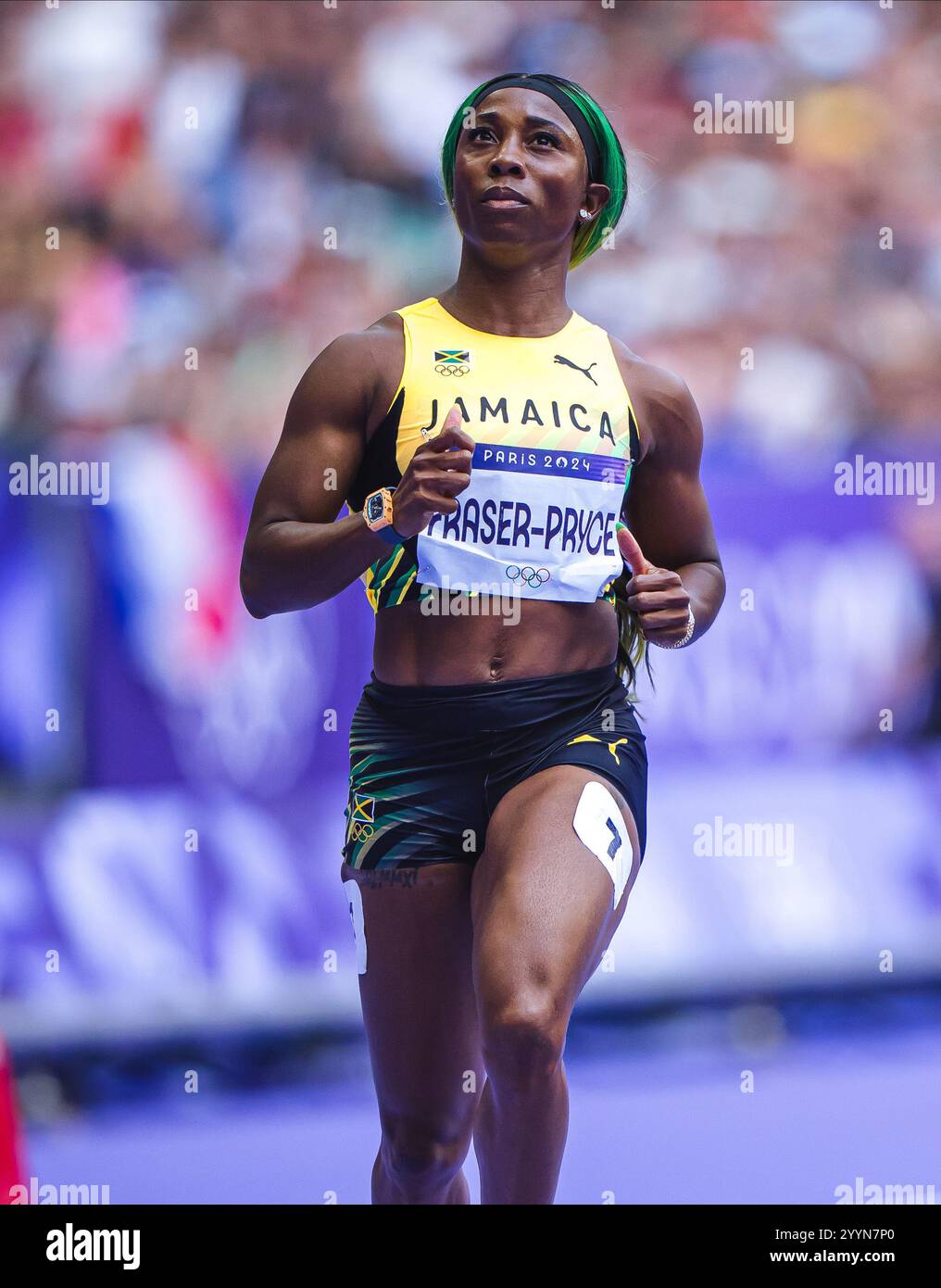 Shelly-Ann Fraser-Pryce participating in the 100 meters at the Paris 2024 Olympic Games Stock ...