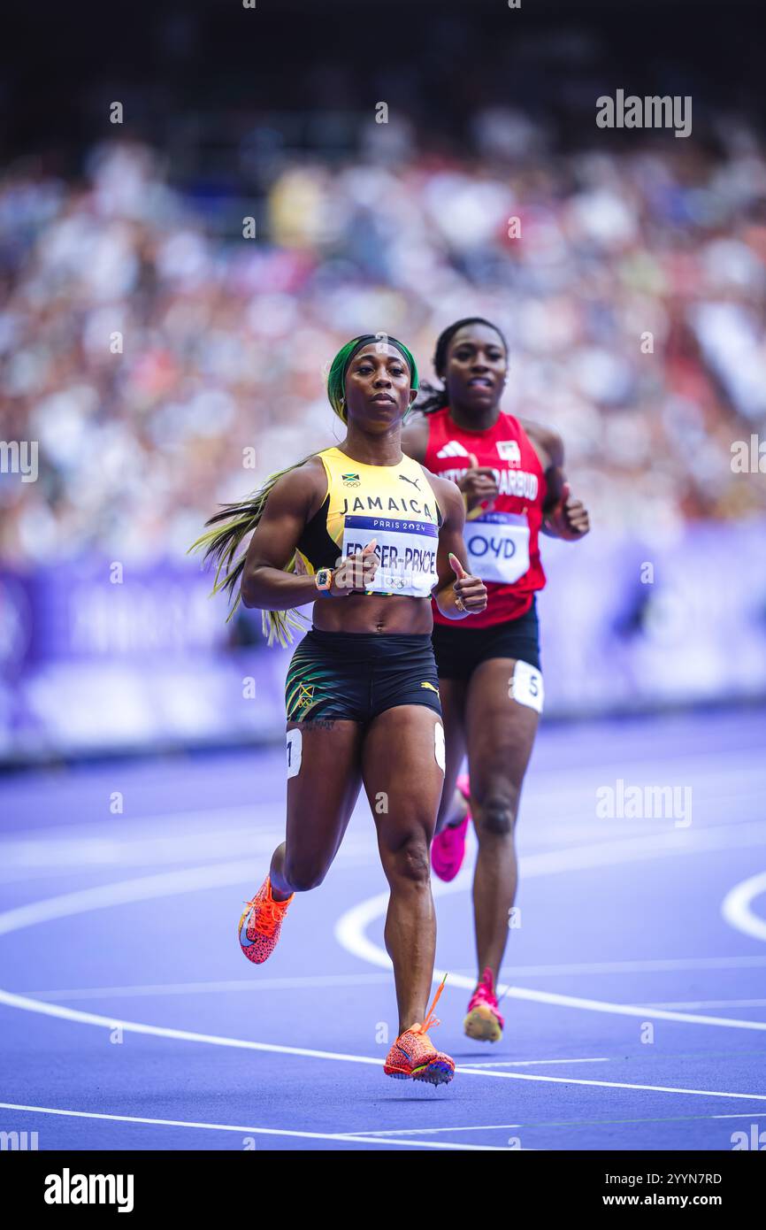Shelly-Ann Fraser-Pryce participating in the 100 meters at the Paris 2024 Olympic Games Stock ...