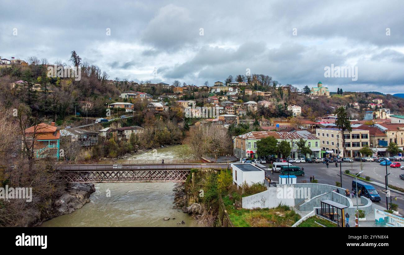 Drone point of view on Kutaisi and river Rioni , own square and Bagrati ...