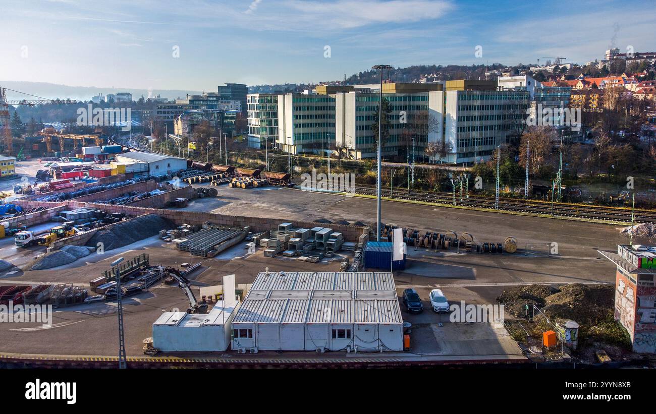 Aerial (drone point of view) view from station Lowentor of Stuttgart on ...
