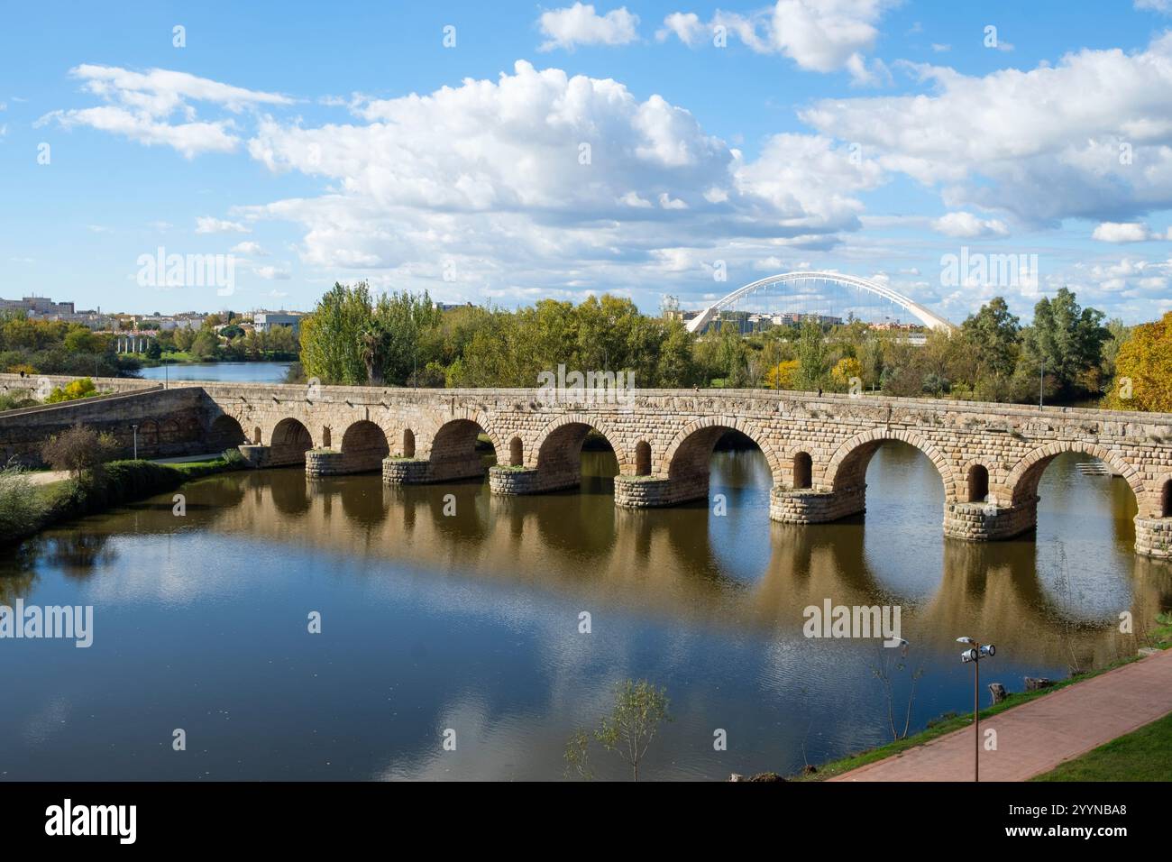 View of the Roman bridge and the Guadiana river from the citadel of ...