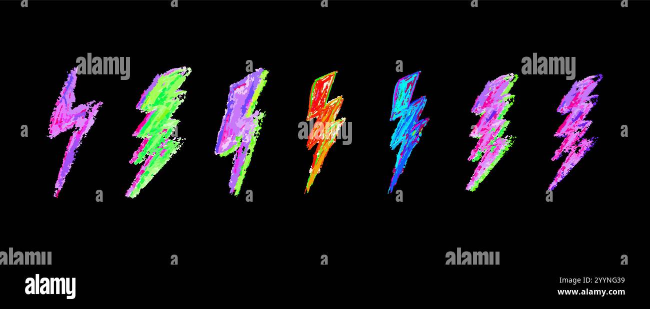 Set of lightning by colorful wax pencil drawing. Collection of ...