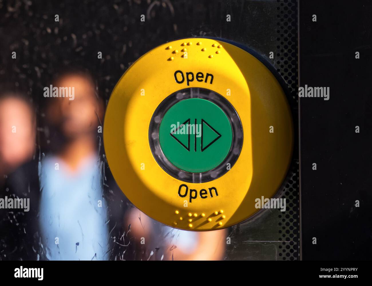 Button for controlling door opening in a bus standing at a stop Stock ...
