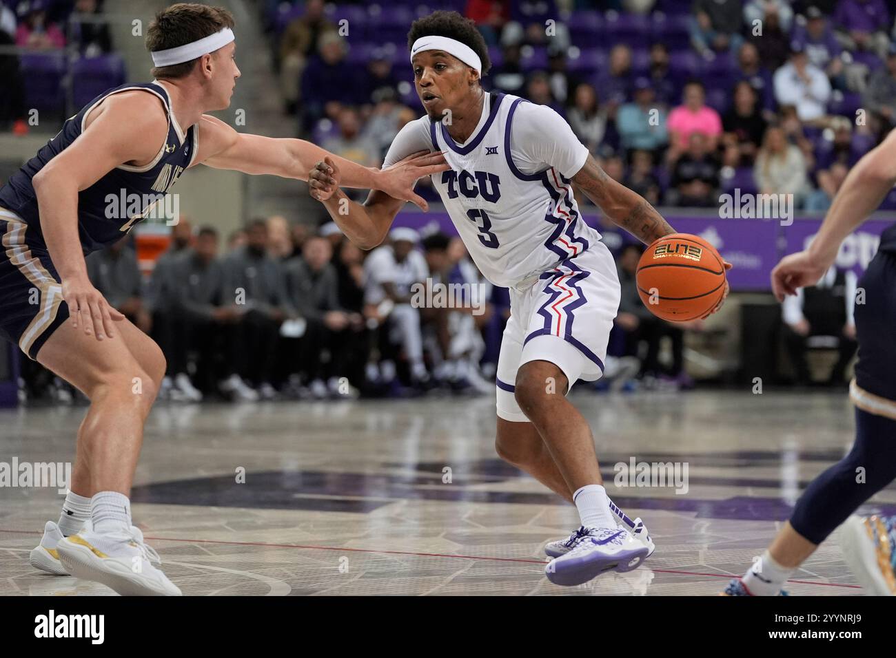 TCU guard Vasean Allette (3) dribbles against Montana State forward ...