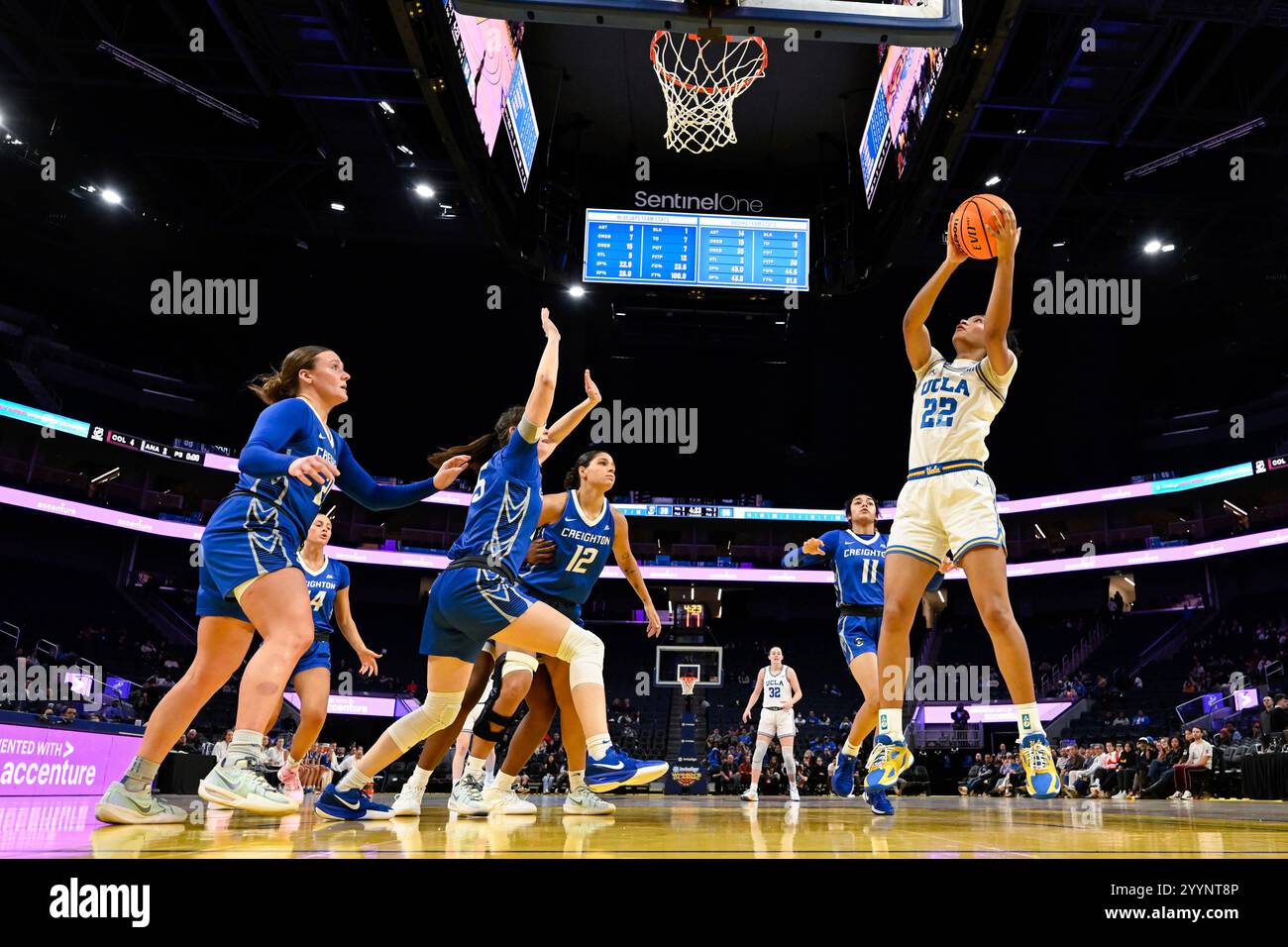 UCLA forward Kendall Dudley (22) shoots against Creighton during the second half of an NCAA ...