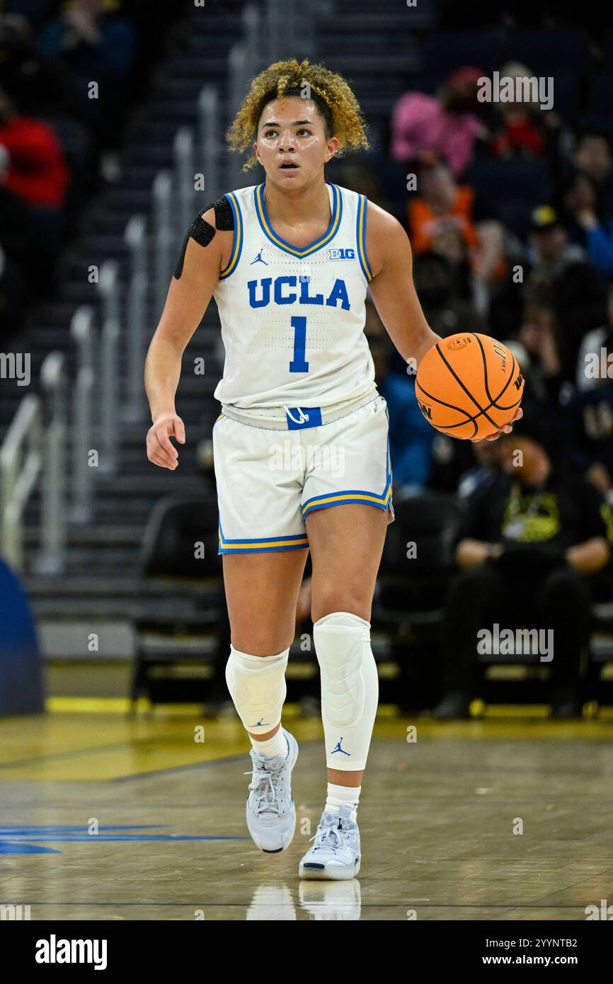 UCLA guard Kiki Rice (1) dribbles against Creighton during the first ...