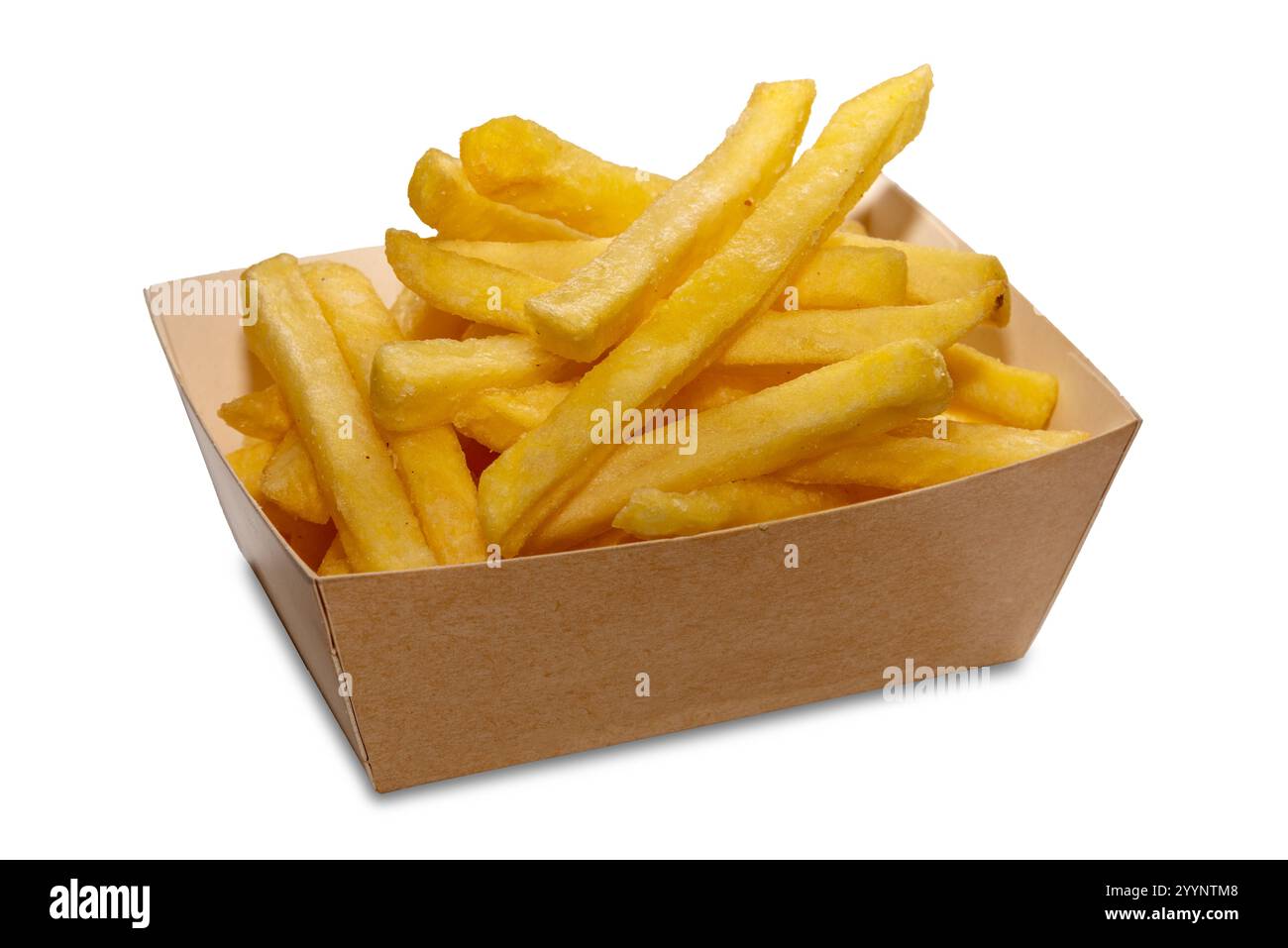 French fries in fast food cardboard tray isolated on white with ...