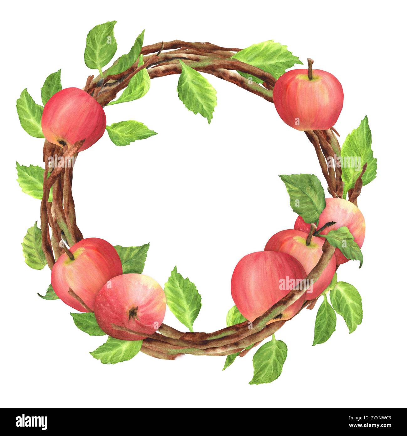 Beautiful garden wreath with apple tree branches, fresh red apples and ...