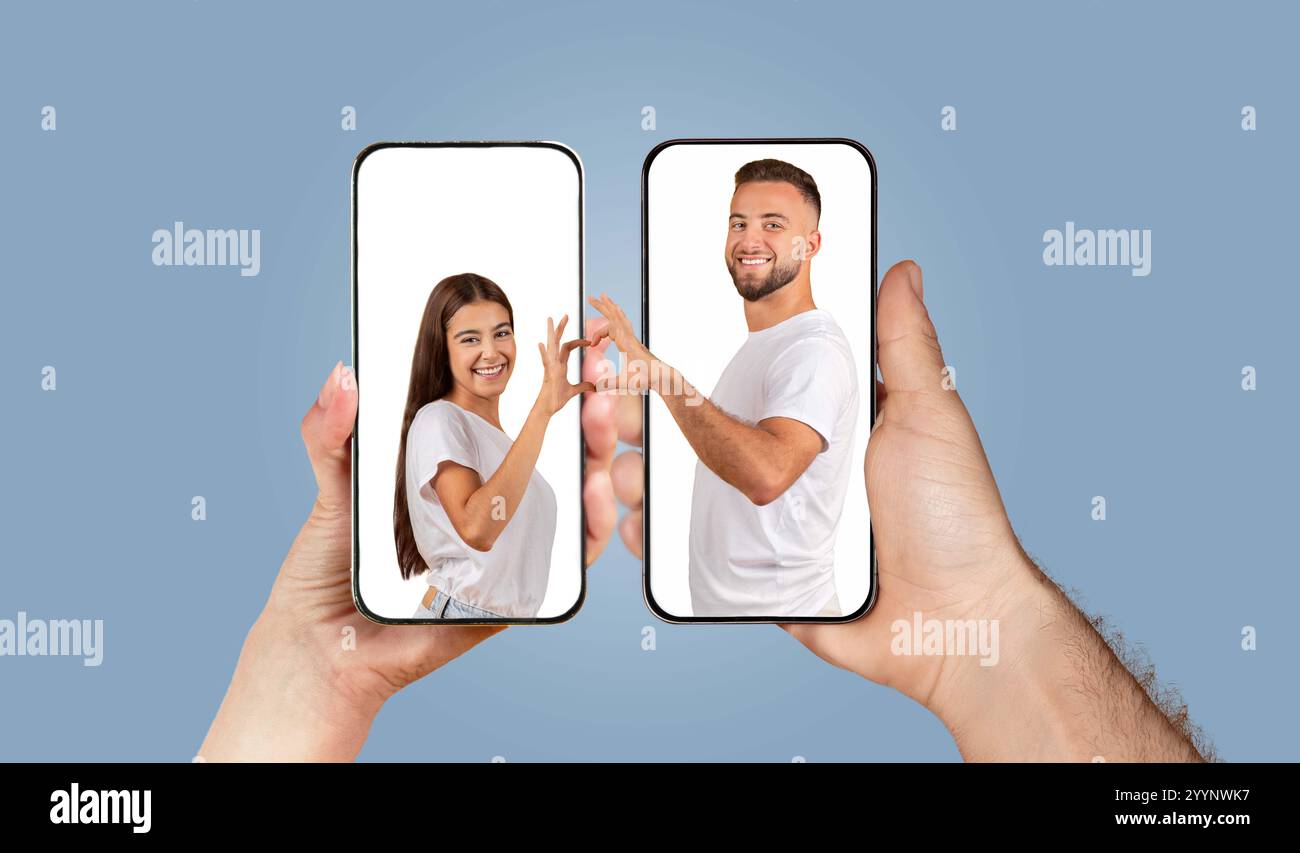 Couple connecting through smartphones while exchanging loving messages ...