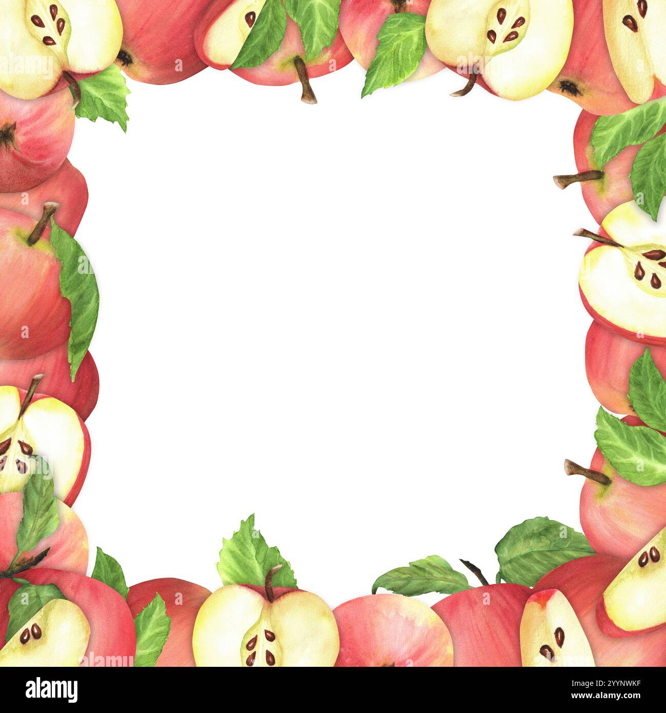 Square frame with red apples and green leaves. Seamless garden fruit ...