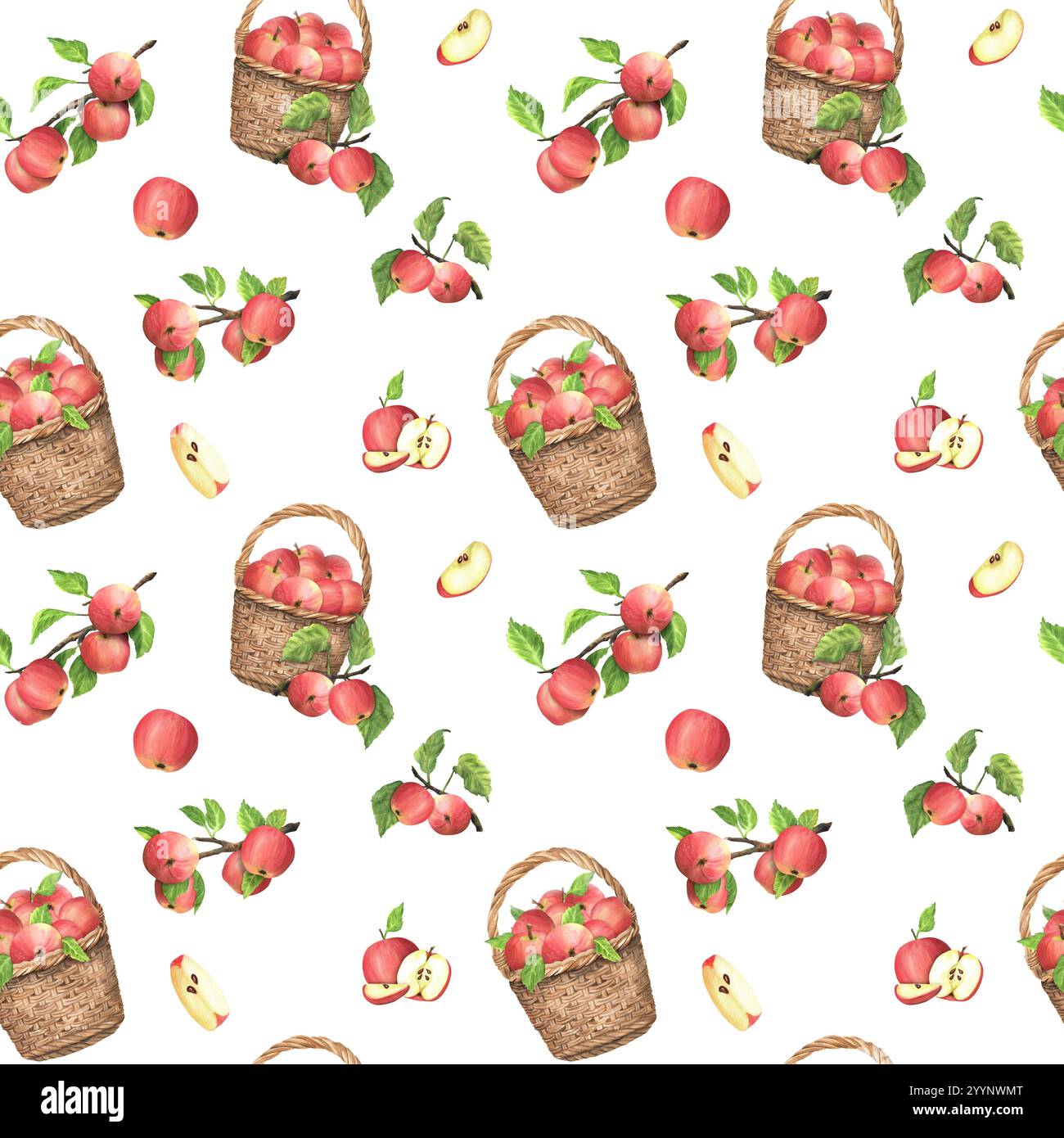 Seamless pattern with red apples, baskets of apples, halved apple ...