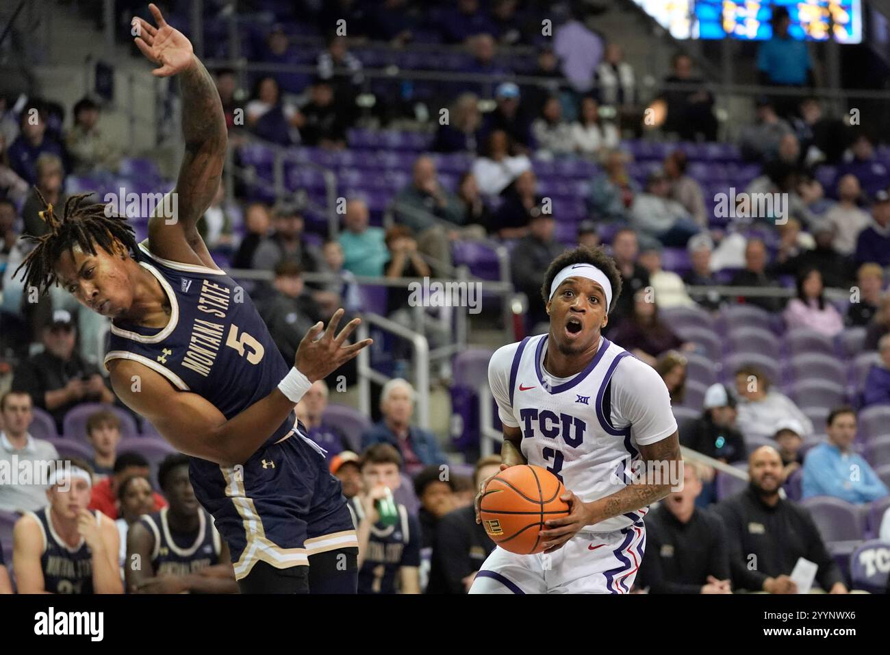 TCU guard Vasean Allette (3) sheds defender Montana State guard Bryce ...