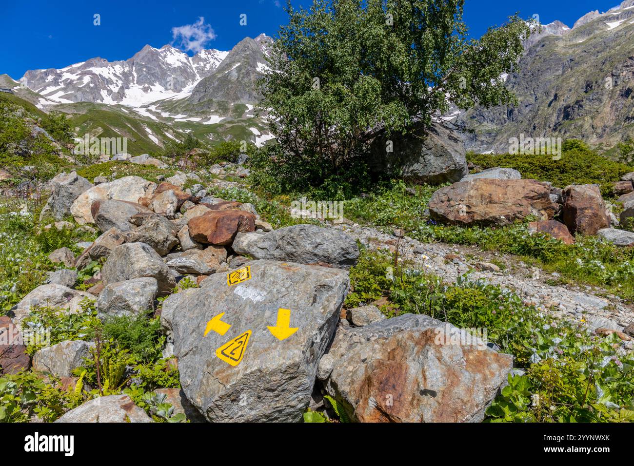 TMB Tour du Mont Blanc arrow and pointing sign on the hiking path in ...