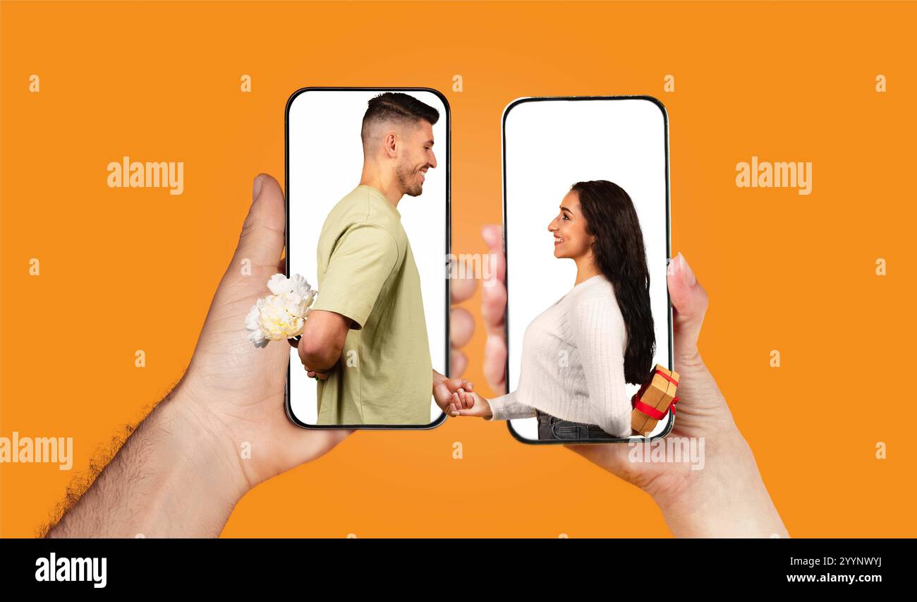 Loving couple connecting through smartphone messages and gestures of ...
