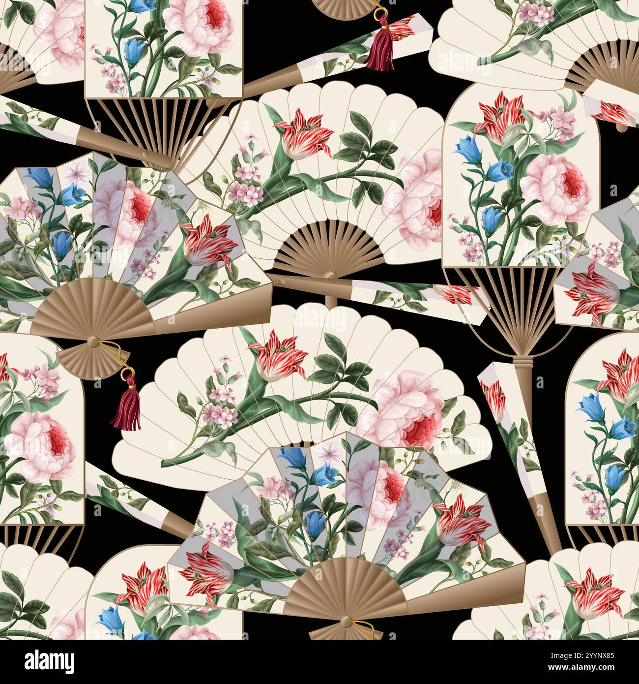 Seamless pattern with fans with Chinese mountanes, peonies and birds ...