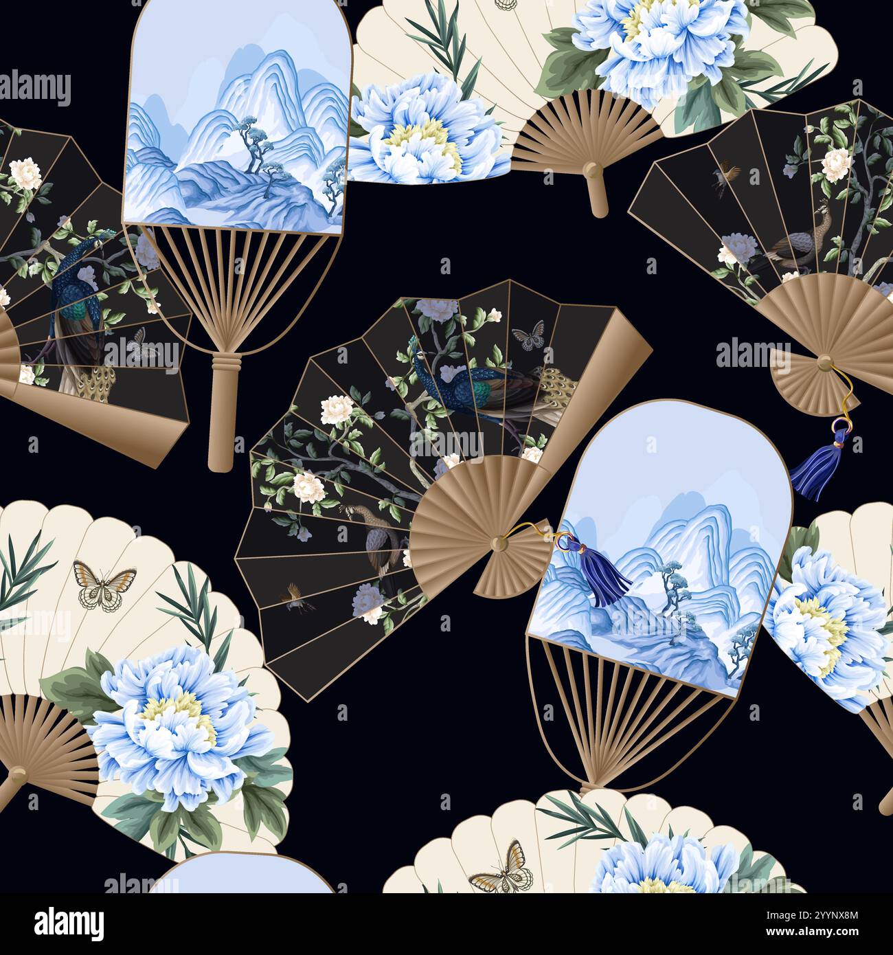 Seamless pattern with fans with Chinese mountanes, peonies and birds ...