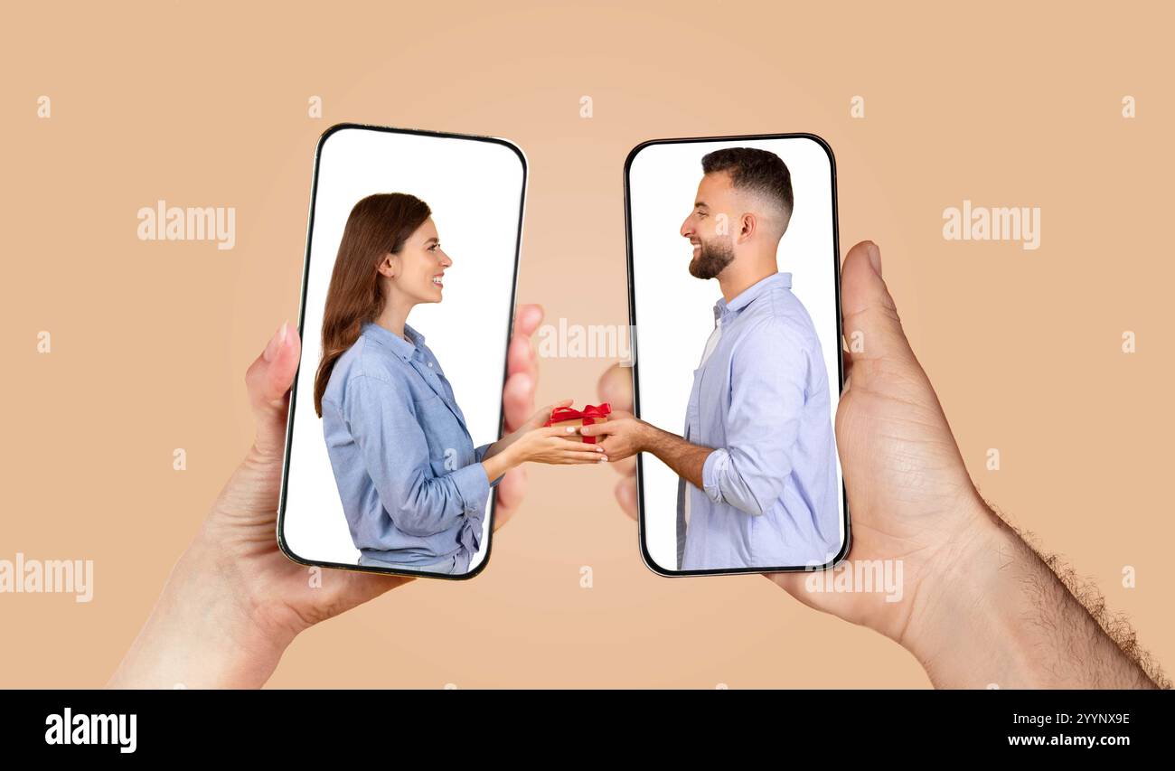 Couple sharing moments through smartphone messages in a playful collage ...