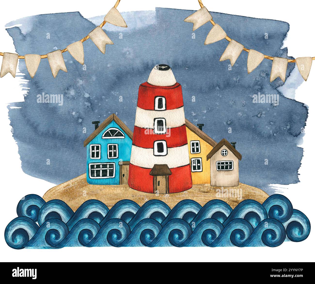 Lighthouse on the island with multi-colored houses on a dark blue ...