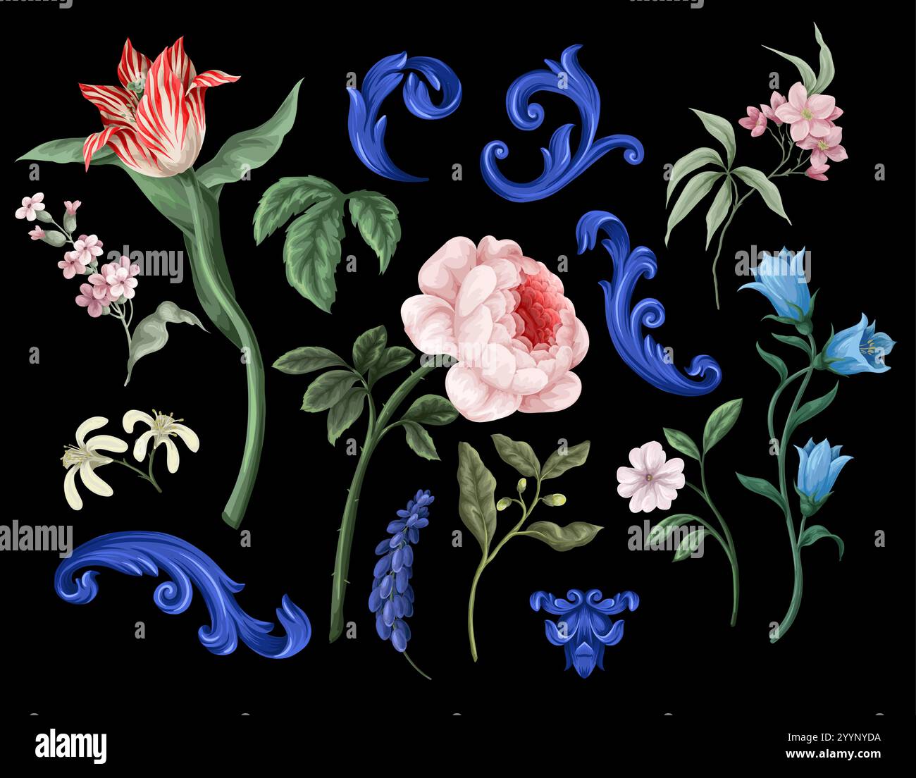 Victorian vintage flowers and baroque elements isolated. Vector Stock ...