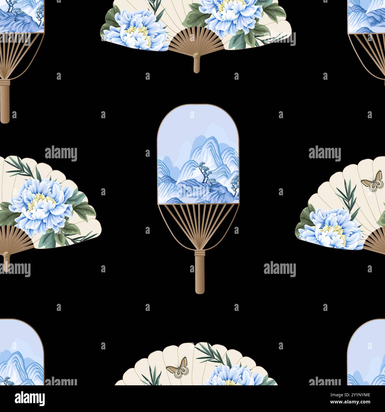 Seamless pattern with fans with Chinese mountanes, peonies and birds ...