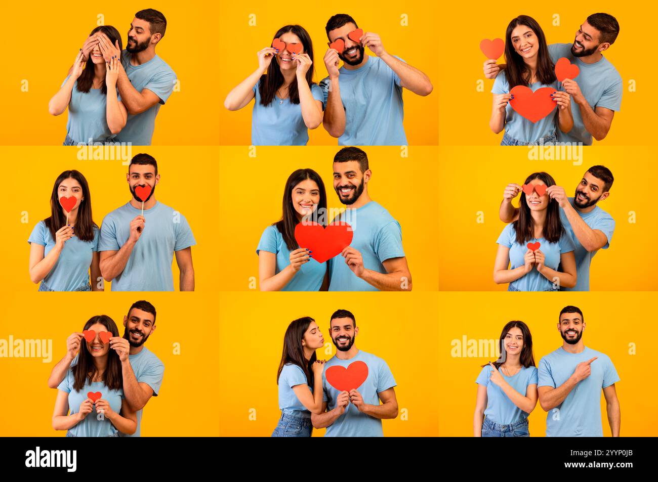 Young couple celebrating love with heart props in vibrant yellow ...