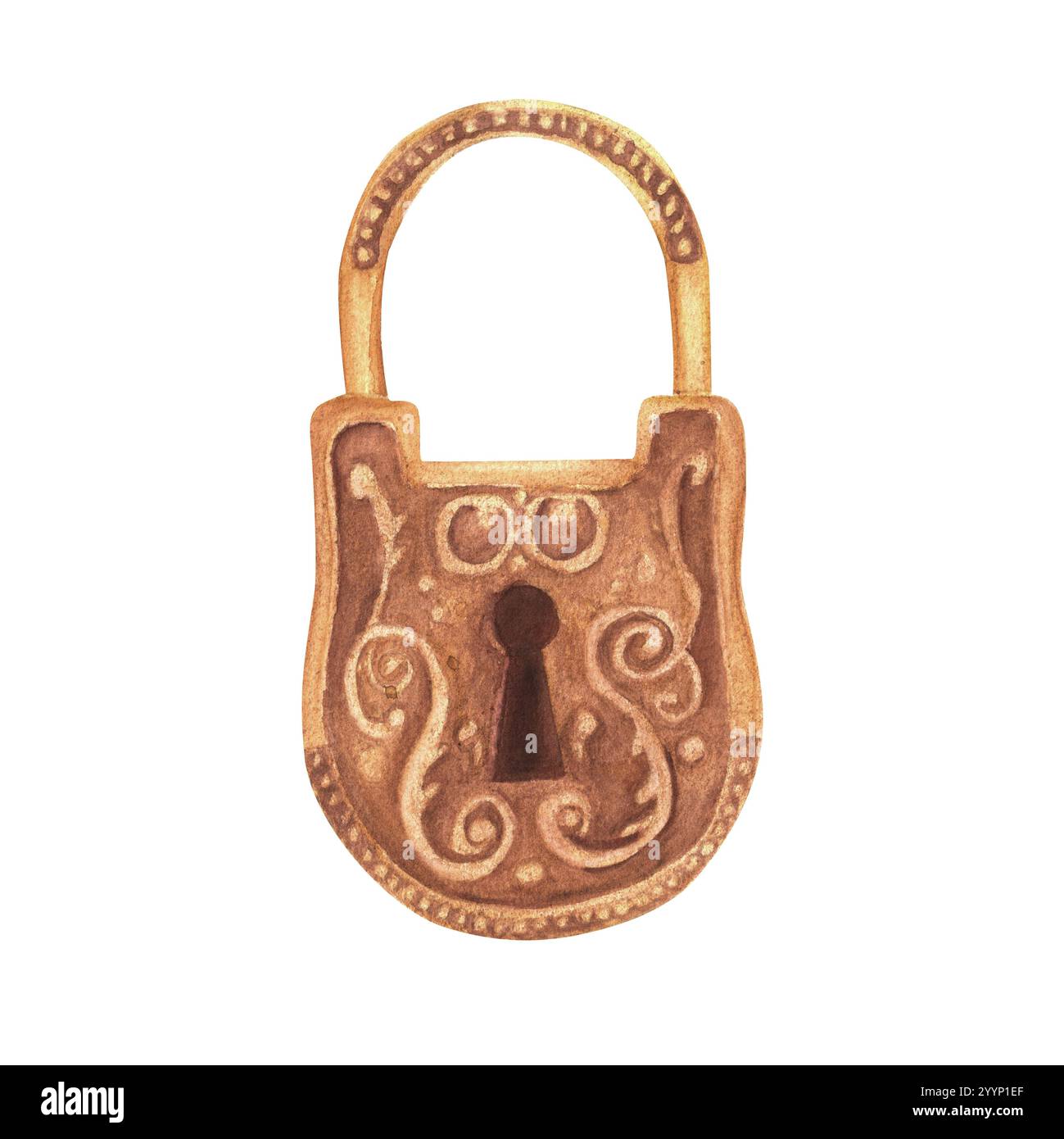 Hand-drawn watercolor illustration. Carved vintage padlock. An antique ...