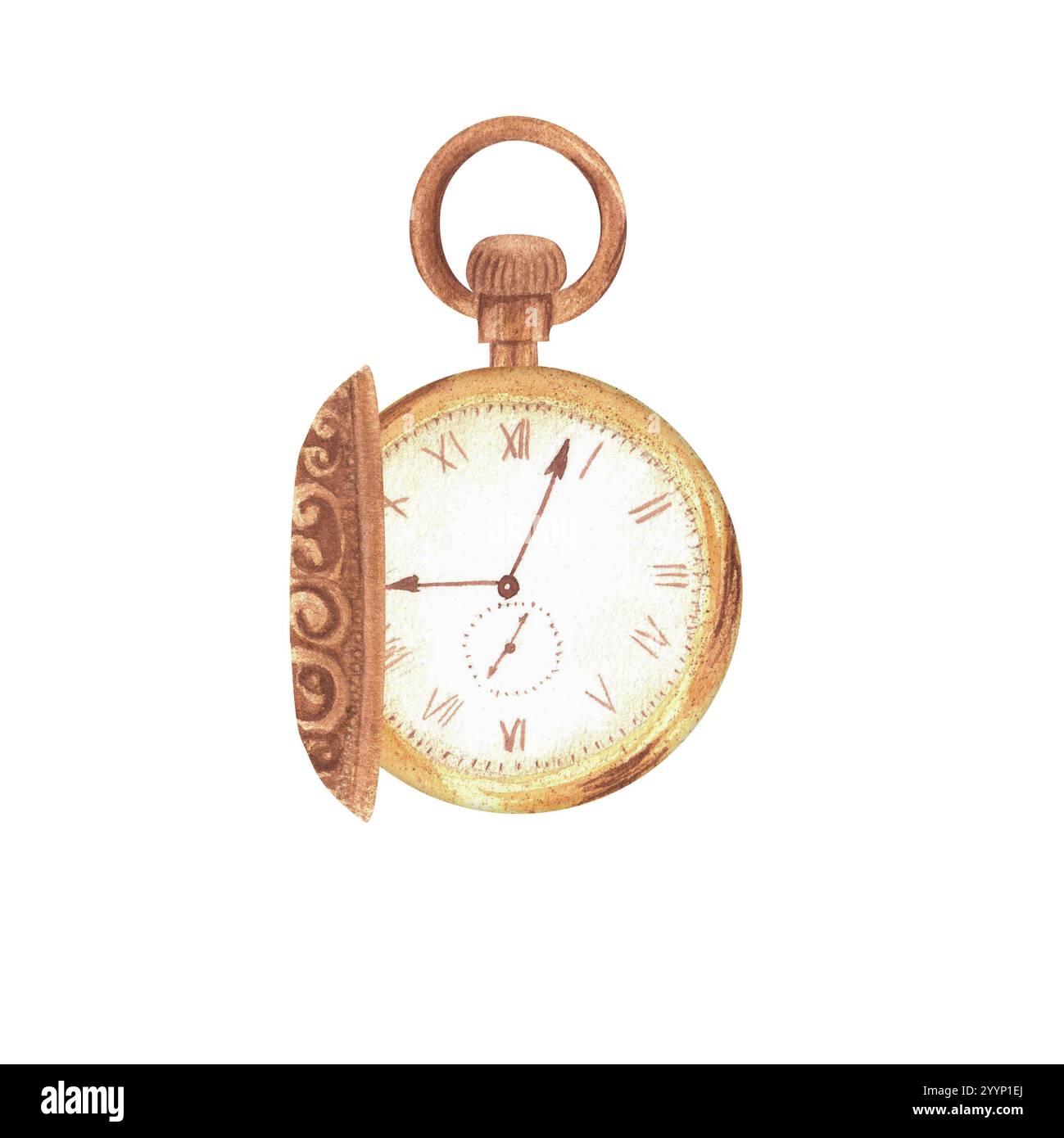 Hand-drawn watercolor illustration. Monochrome antique pocket watch in ...