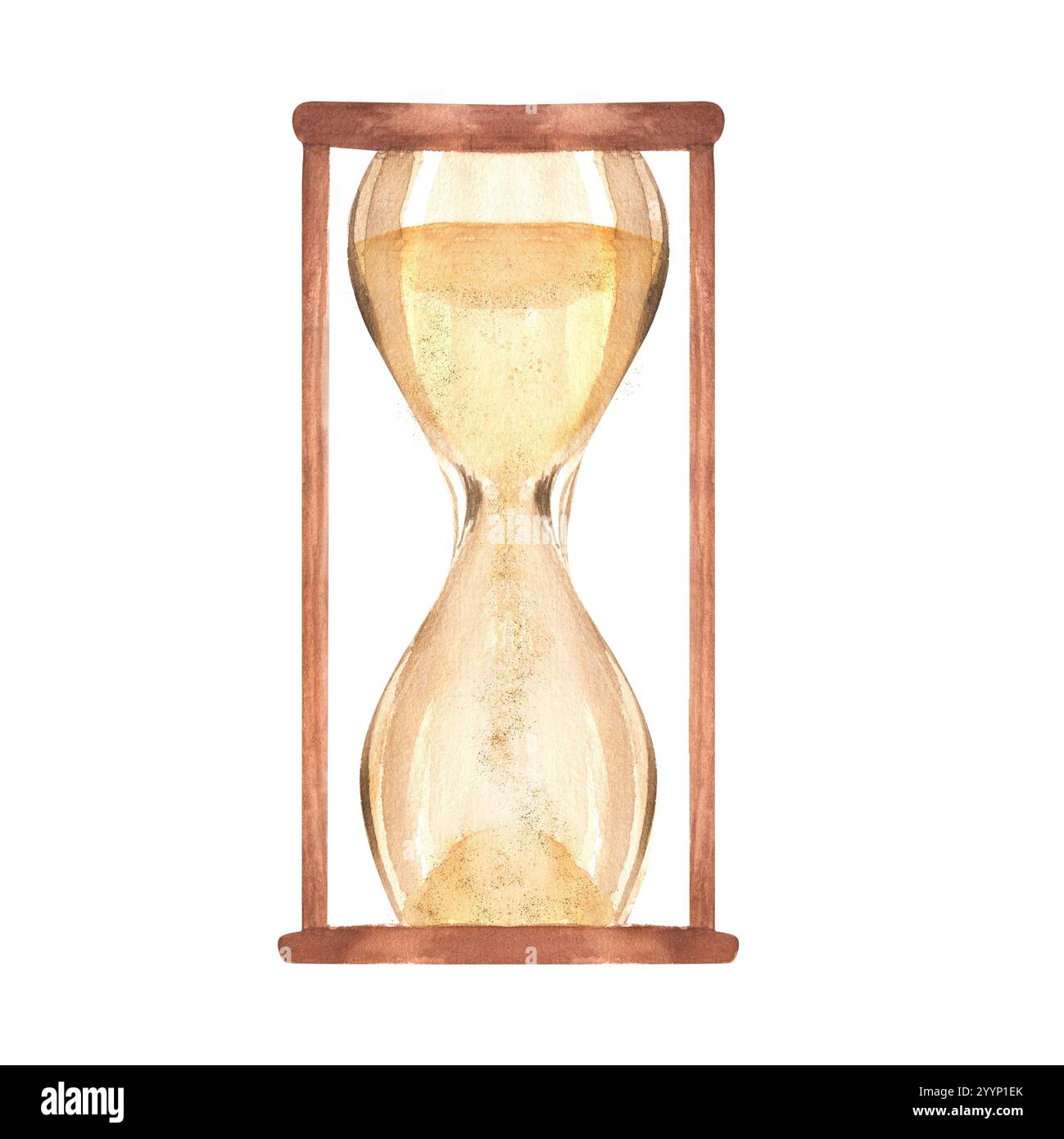 Hand-drawn watercolor illustration. Vintage hourglass with light yellow ...