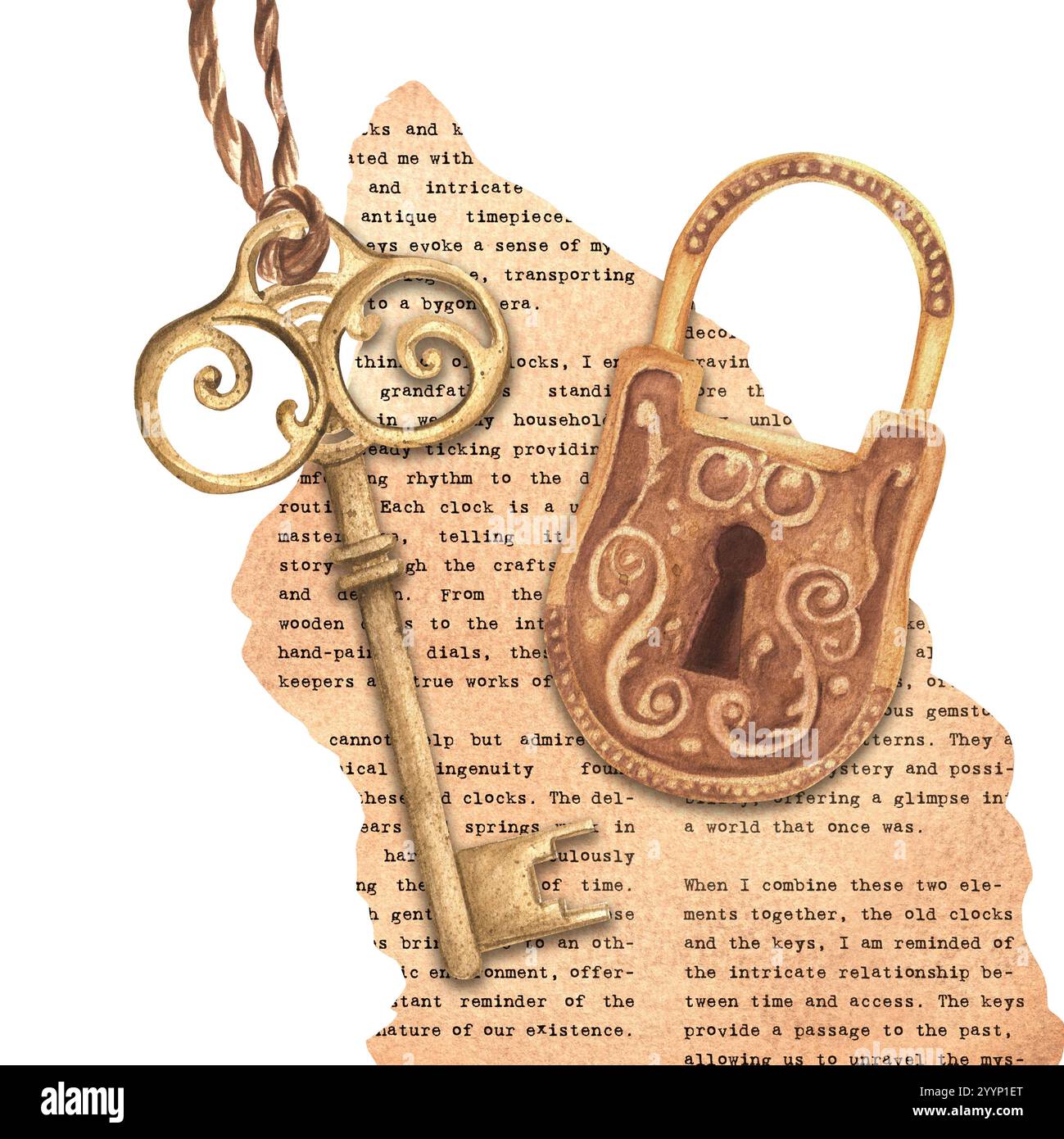 Hand-drawn watercolor illustration. A piece of old newspaper, antique ...