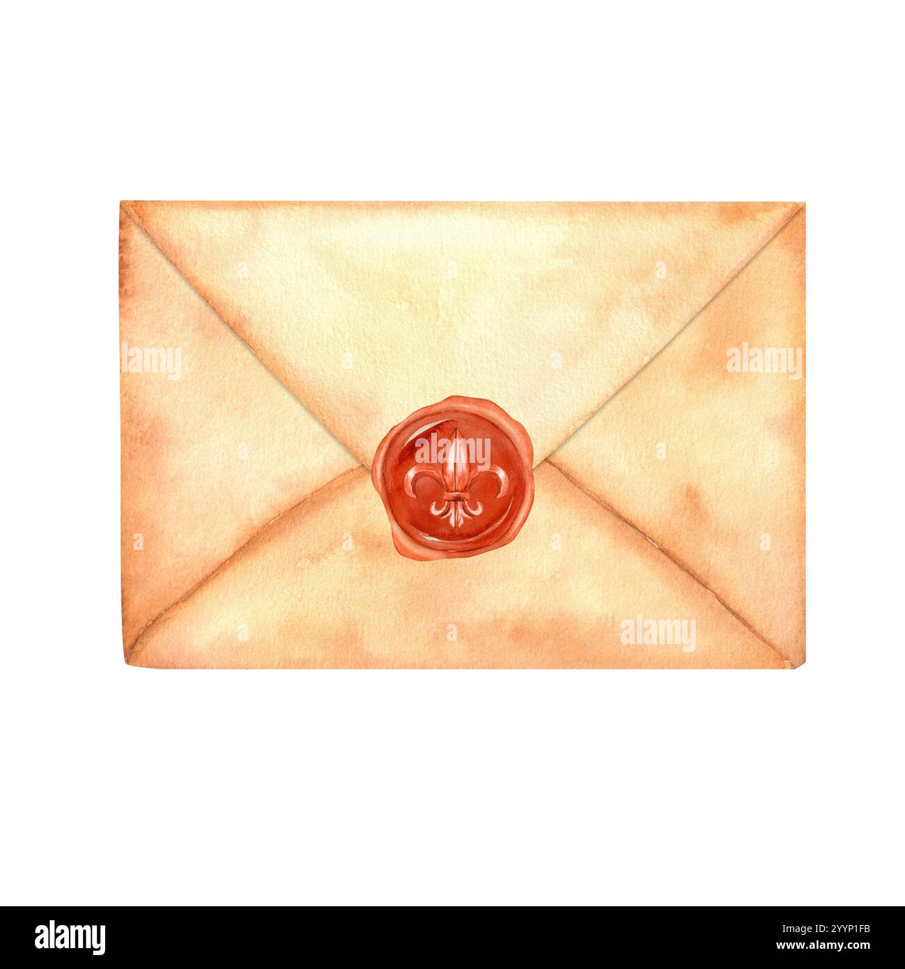 Hand-drawn watercolor illustration. A close vintage envelope with wax ...