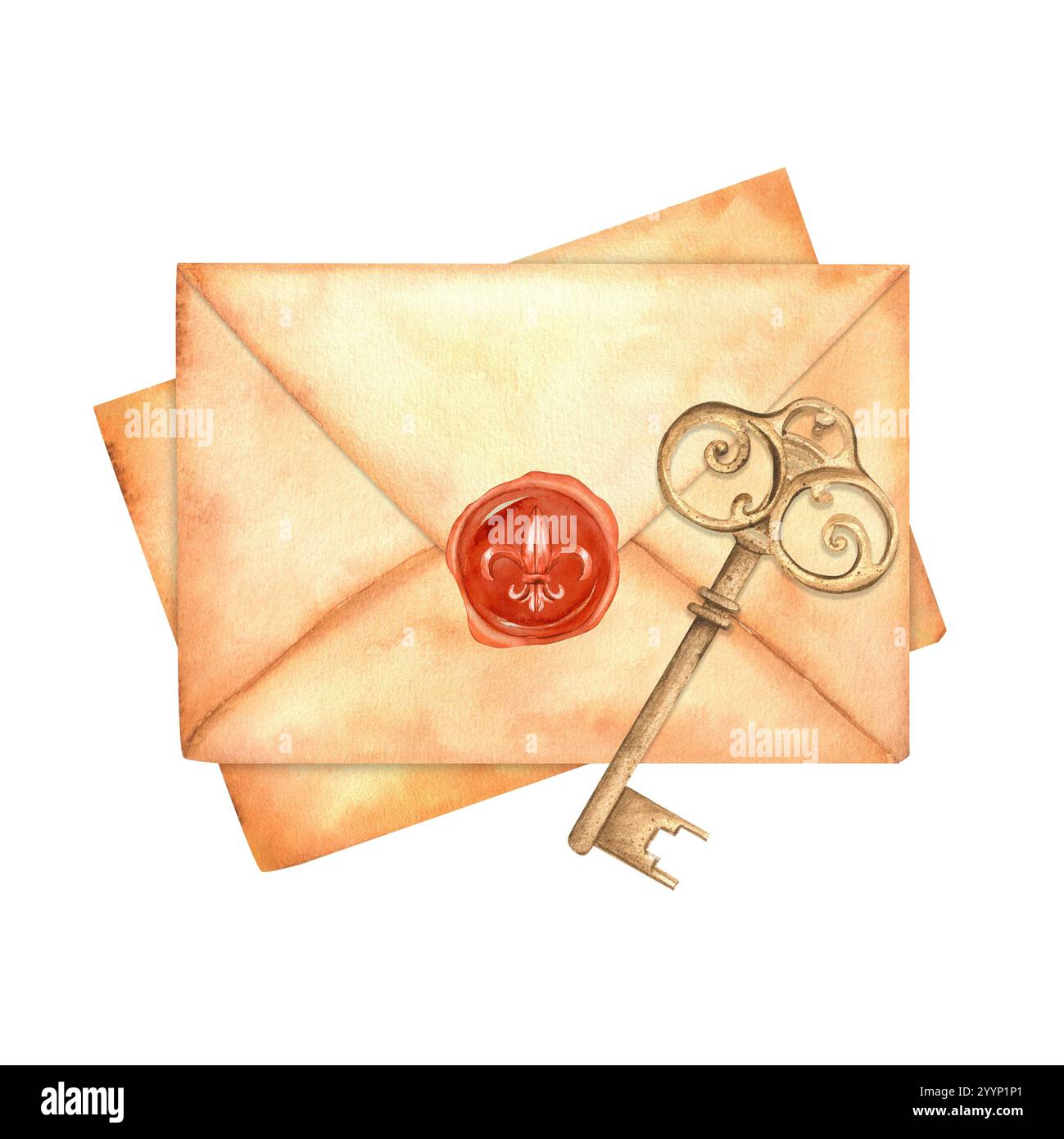 A bundle of vintage envelopes with wax seal and a key. Postal envelopes ...
