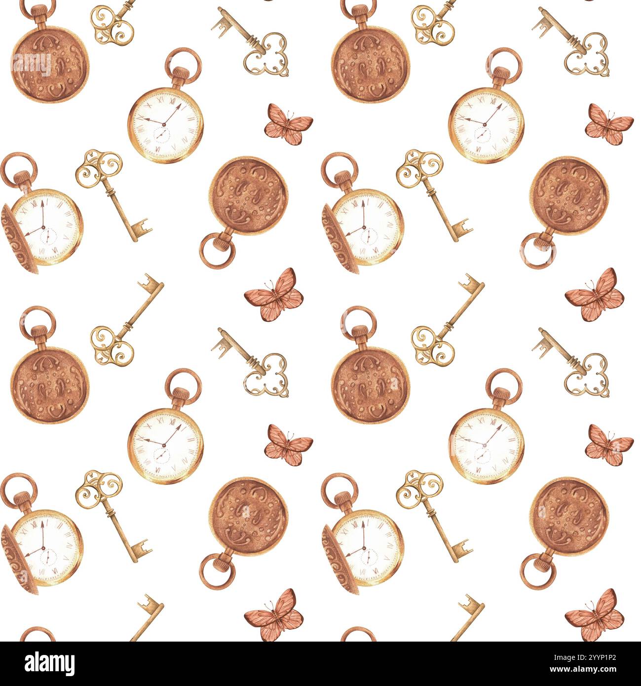 Seamless pattern in vintage style with keys, pocket watch and ...