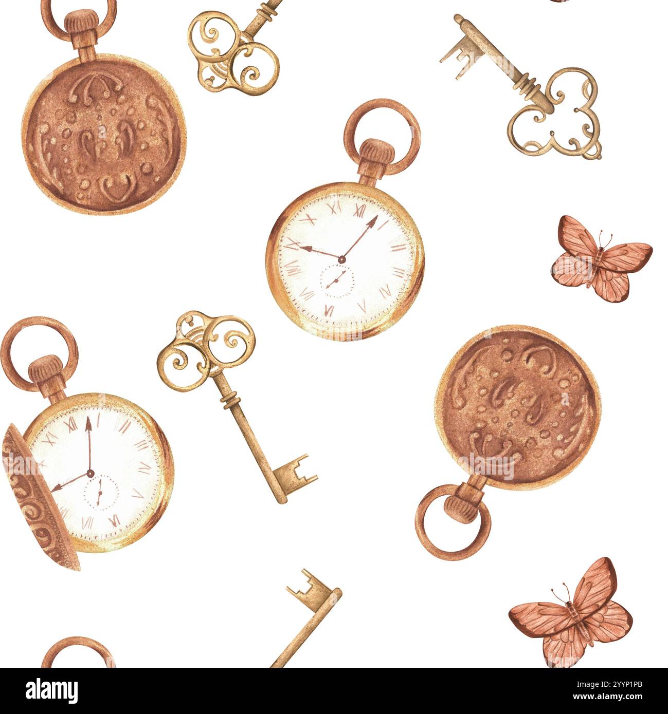 Seamless pattern in vintage style with keys, pocket watch and ...