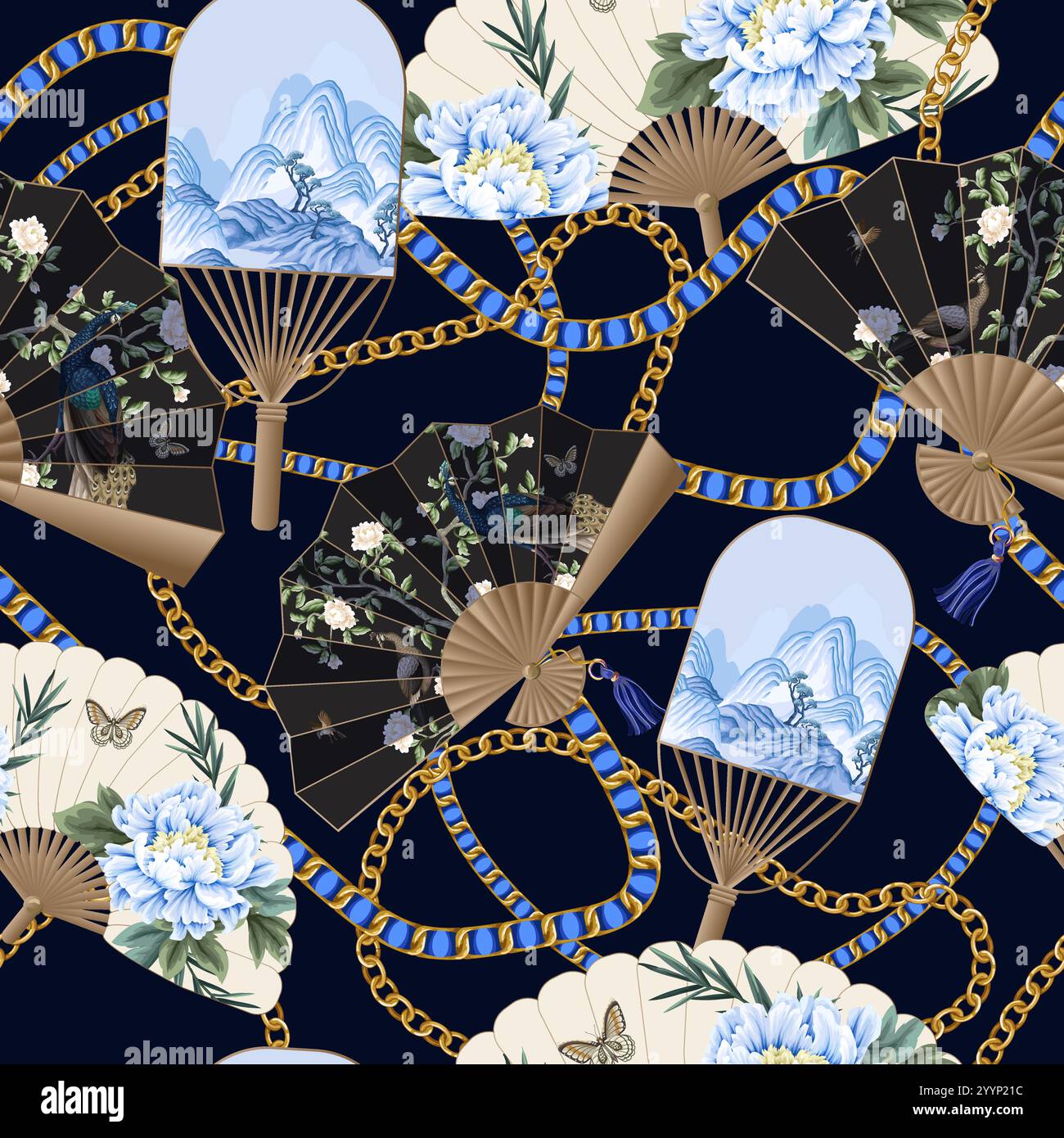Seamless pattern with fans with Chinese mountanes, peonies and birds ...