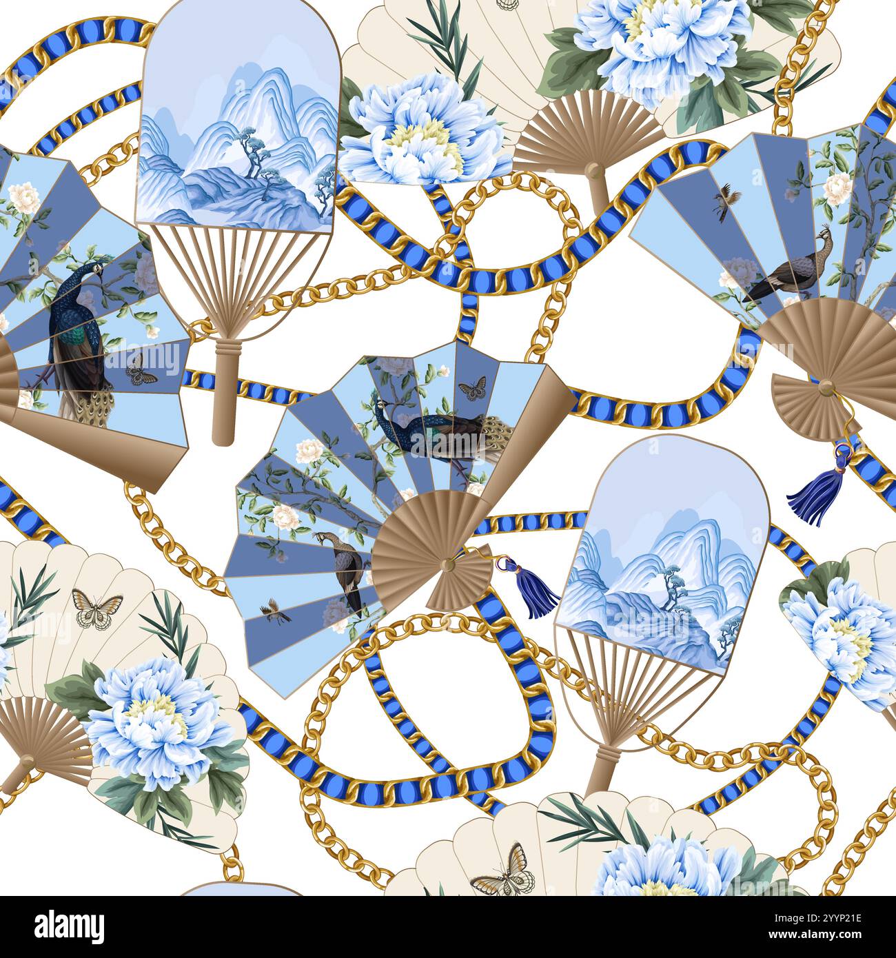 Seamless pattern with fans with Chinese mountanes, peonies and birds ...
