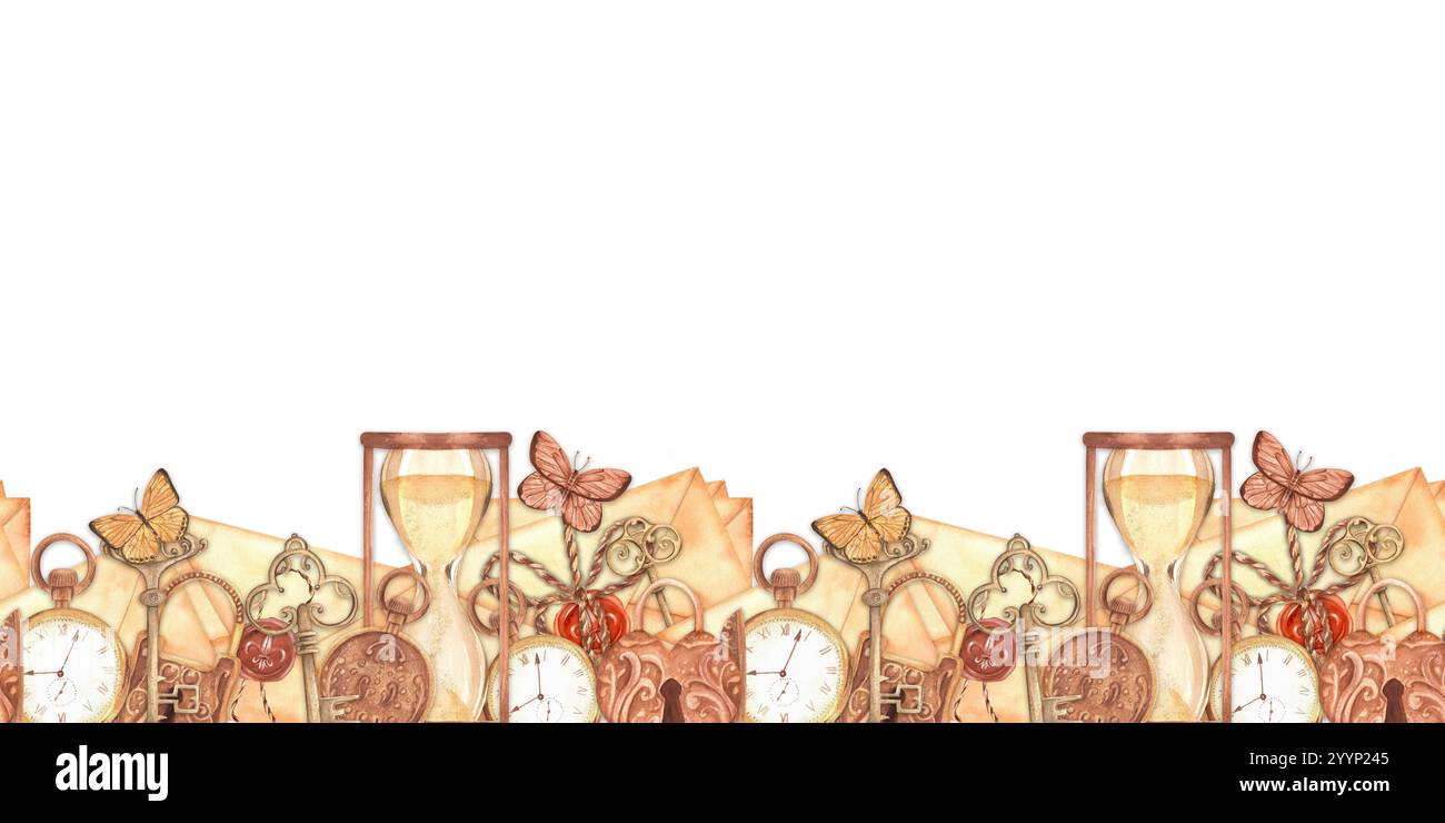 Seamless border with antique elements keys, padlocks, pocket watches ...