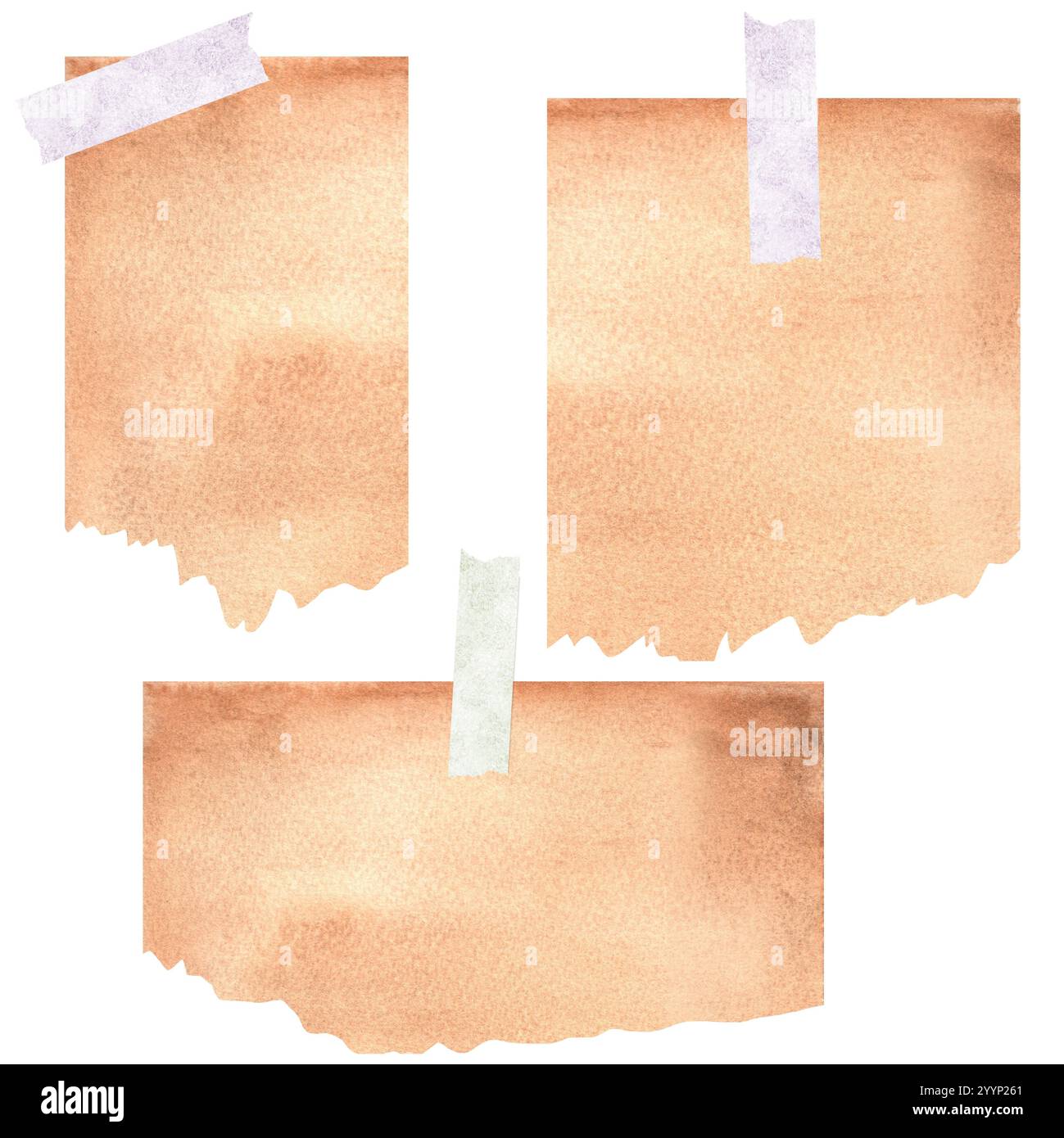 Three pieces of old paper taped on a surface with torn edge. Blank ...